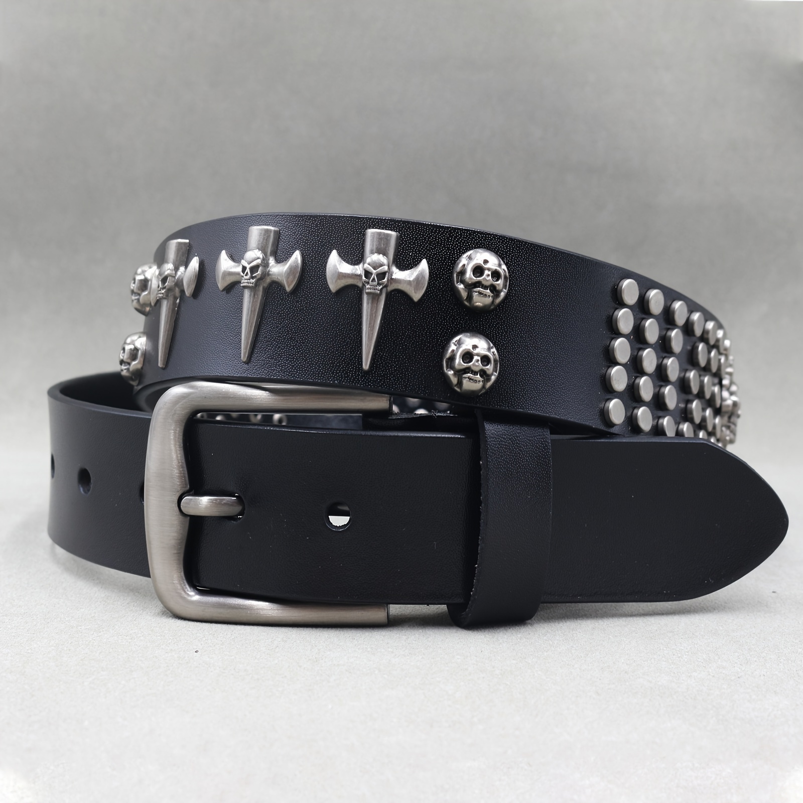 Skull Cross Cowboy Belt Genuine Leather Cowhide Men Belt Punk Style ...