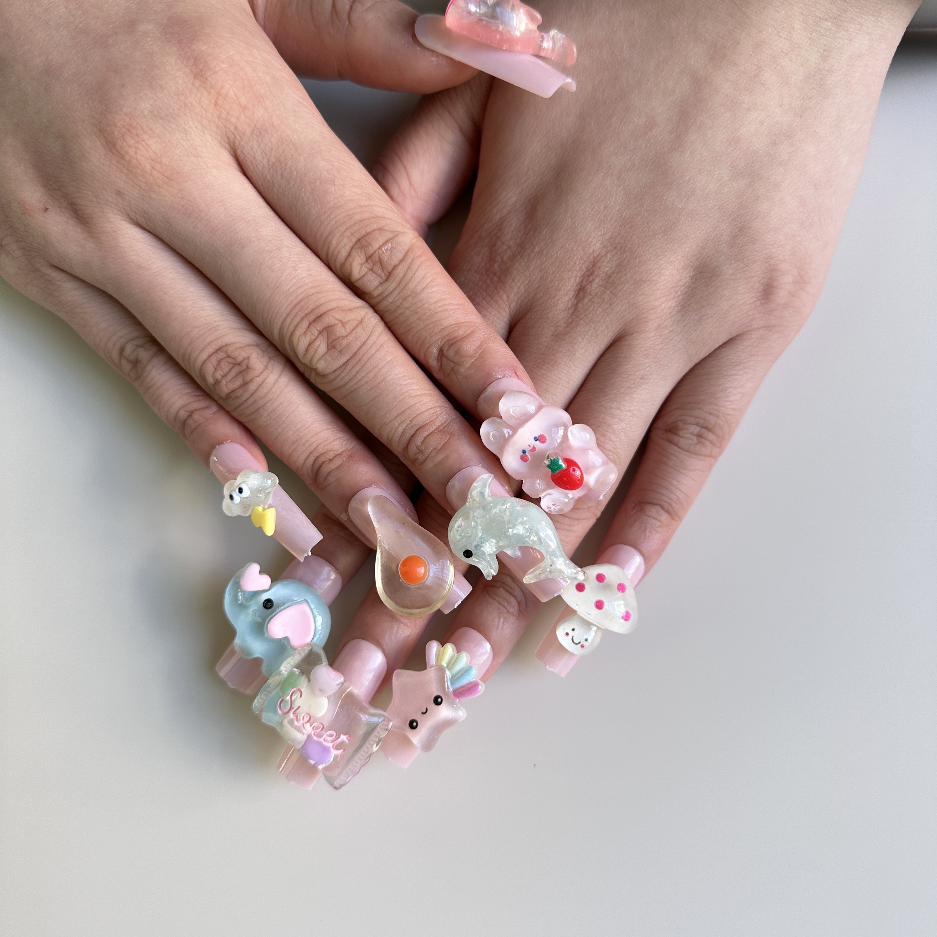 -length Square Shape Press On Nails, Nail With 3d Cartoon Animals Decor ...