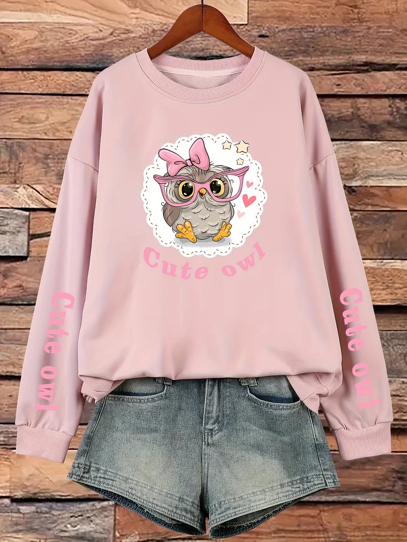 Owl Print Sweatshirt Plus Size Crew Neck Casual Sweatshirt - Temu Canada