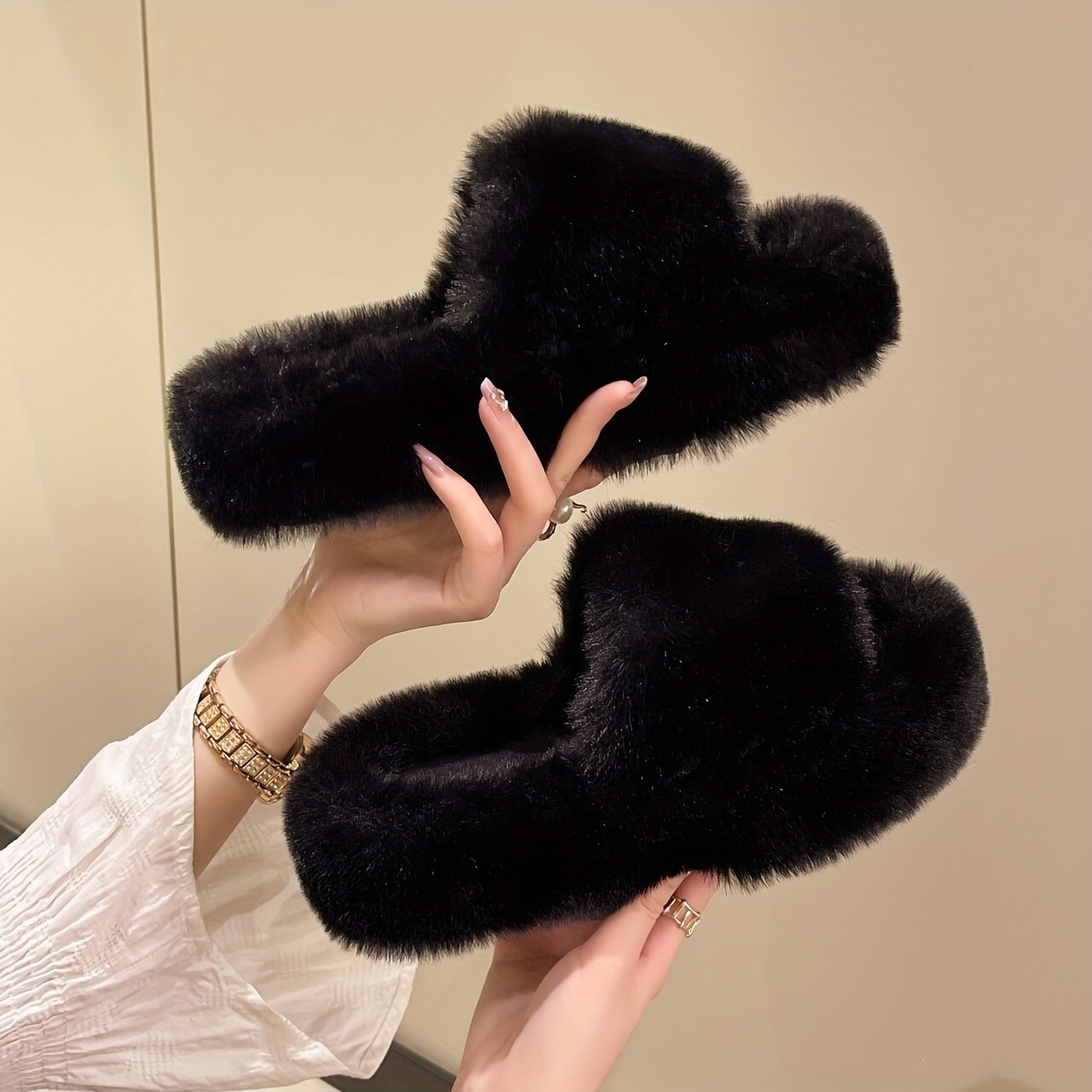 Solid Color Fluffy Home Warm Slippers Soft Sole Platform - Temu United ...
