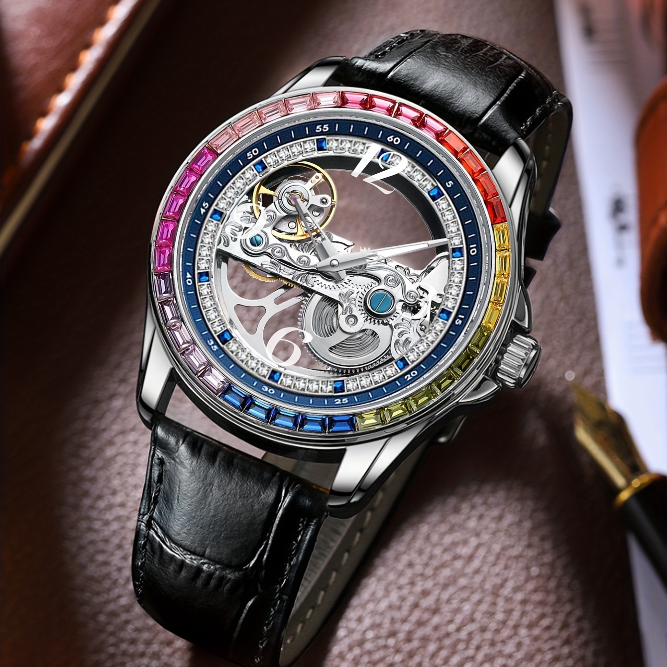 Nuevo Anillo Arco Iris Hueco Reloj Mecánico Automático Completo De