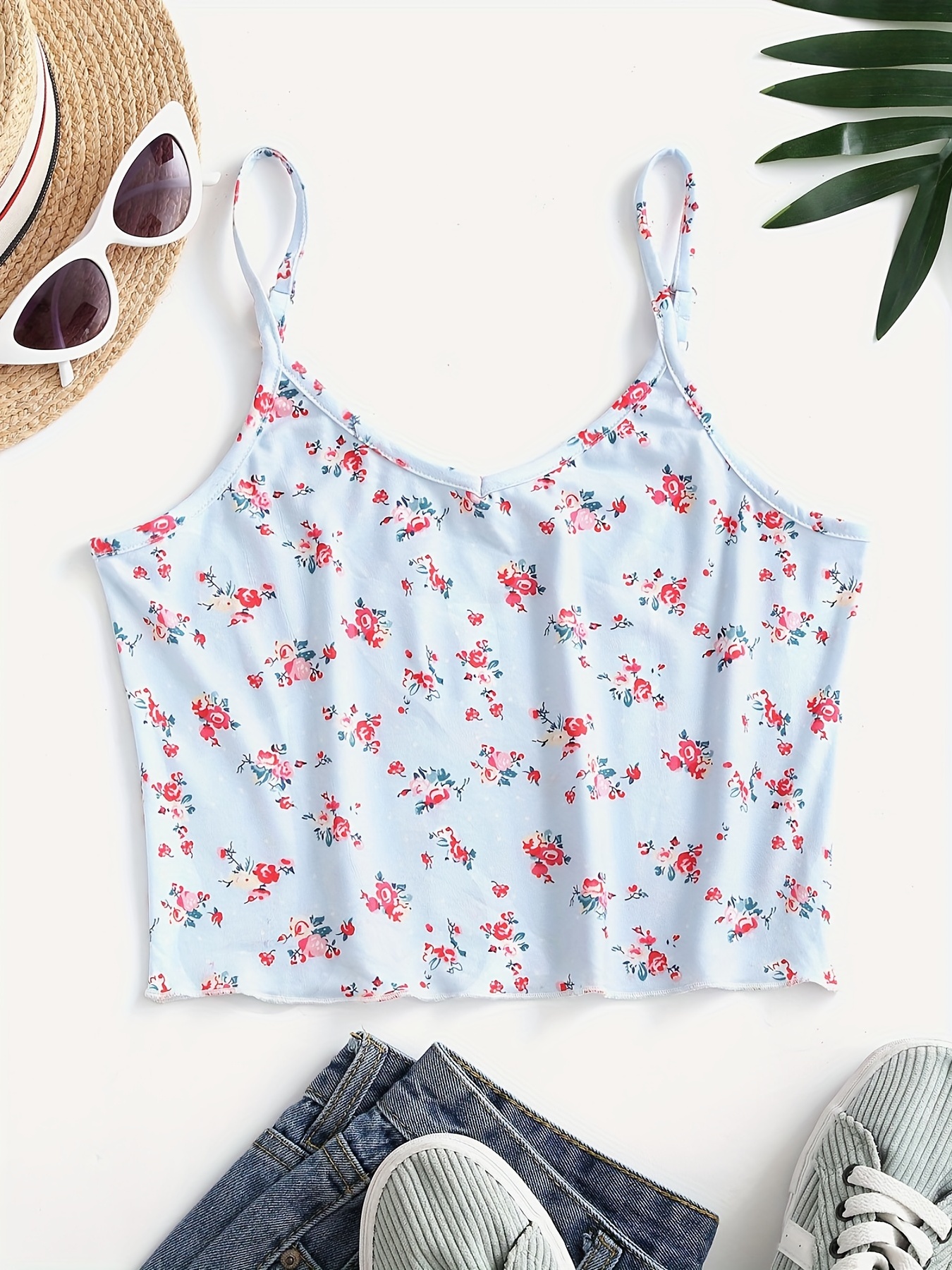 Floral Print Spaghetti Strap Crop Top Casual V Neck - Temu Australia