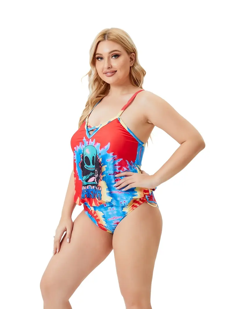 Plus Size Tie Dye Cartoon Print Bikini Set Womens Plus Boho Temu