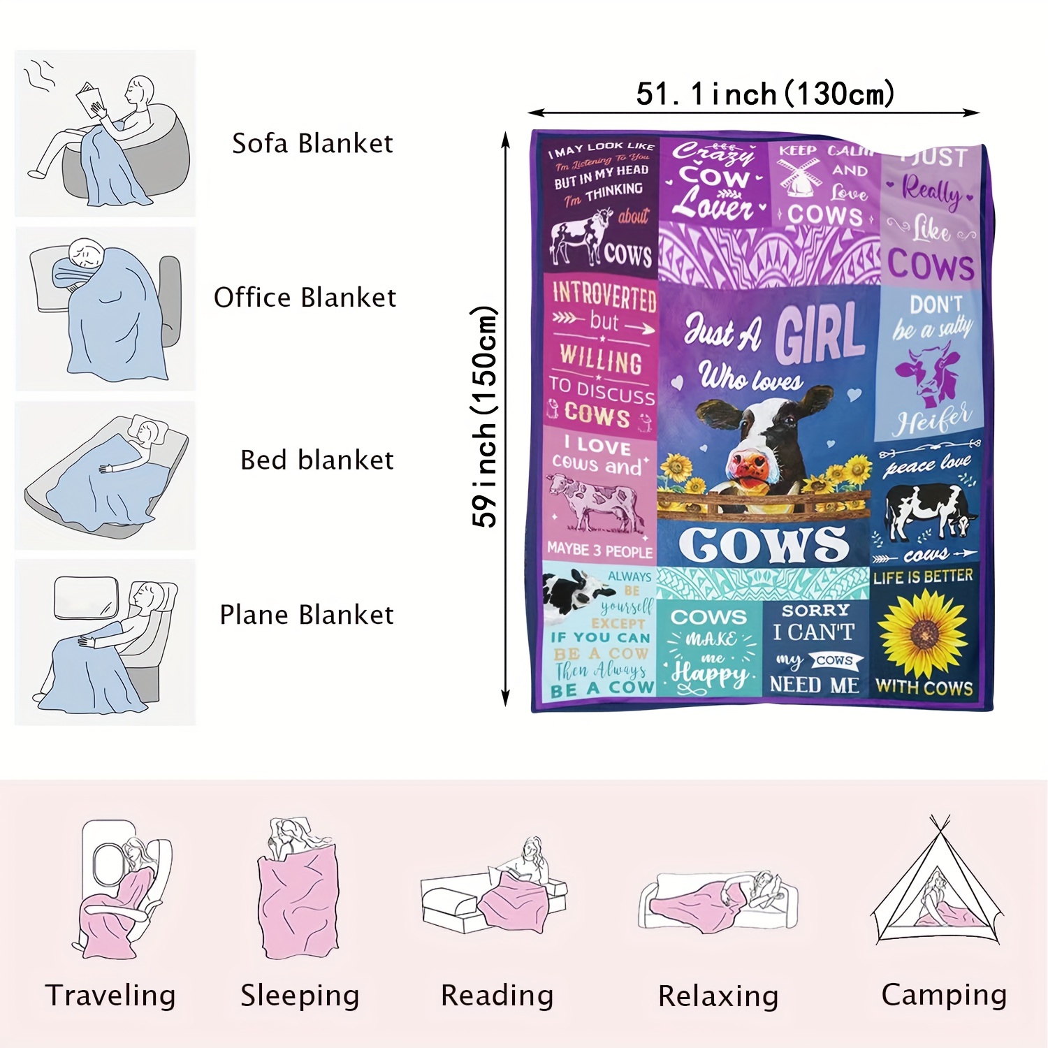 Cow Text Print Blanket Flannel Blanket Soft Warm Throw - Temu New Zealand