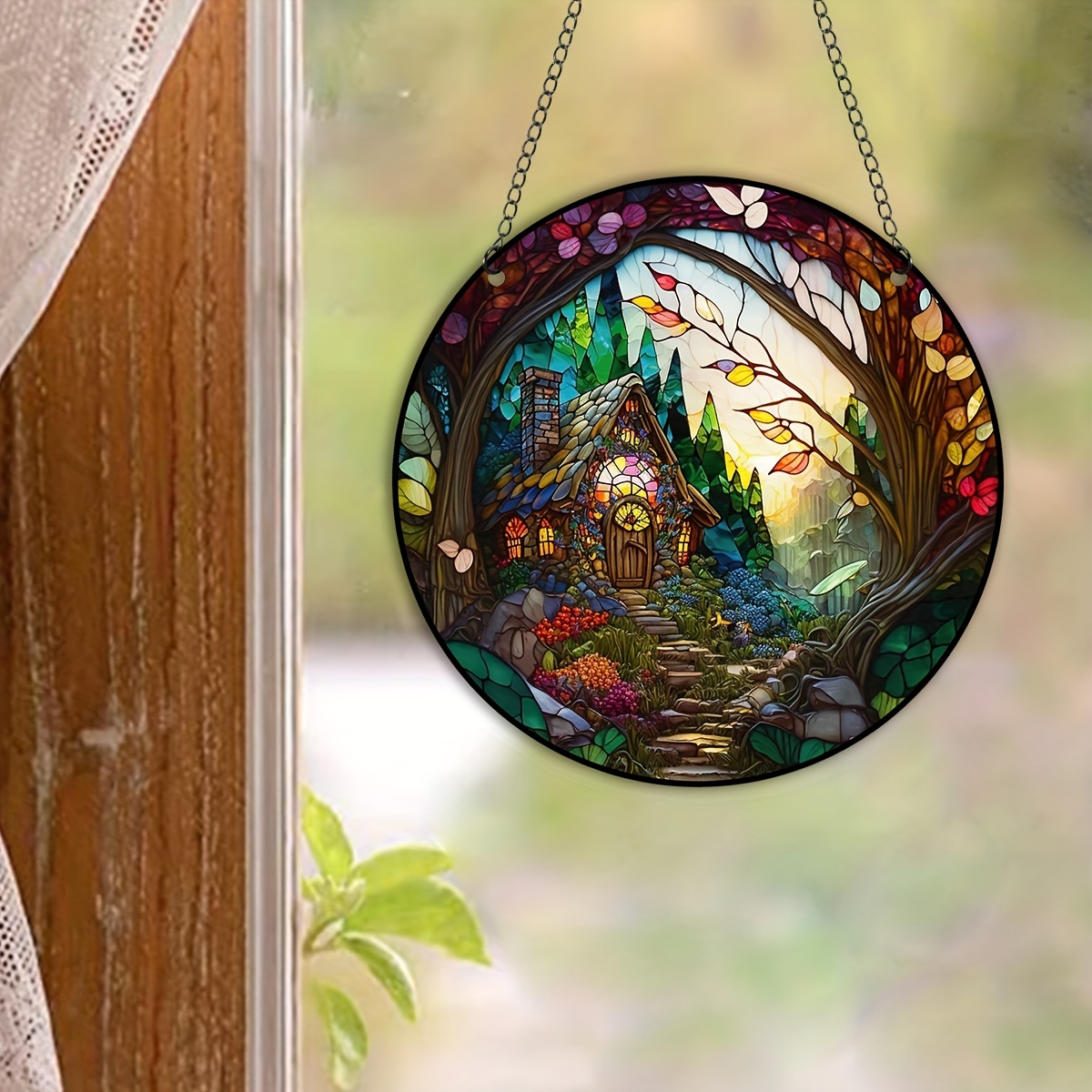 Forest House Suncatcher Stained Plastic Window Hanging - Temu