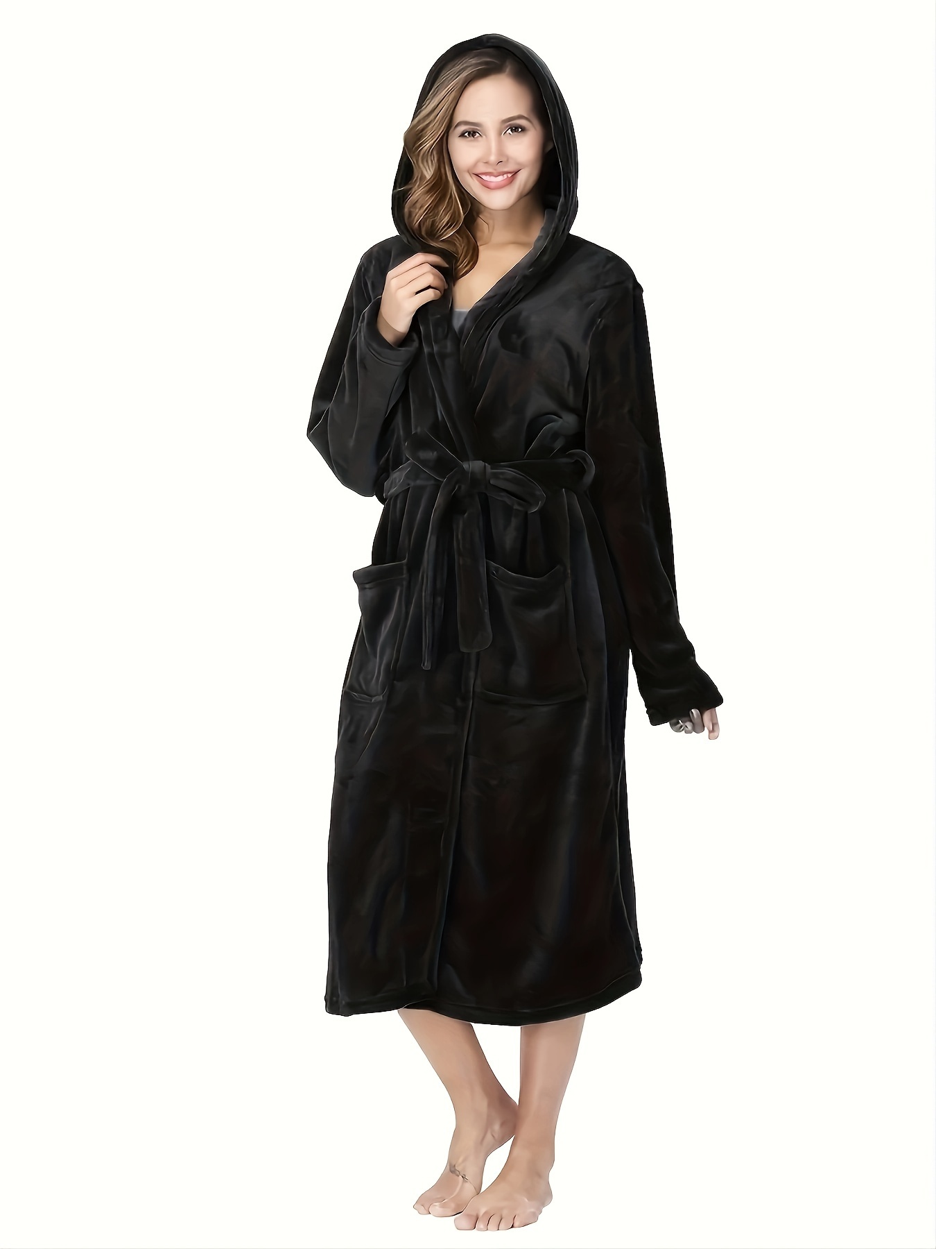 Elegant Solid Fleece Night Robe Long Sleeve Hooded Sleep - Temu