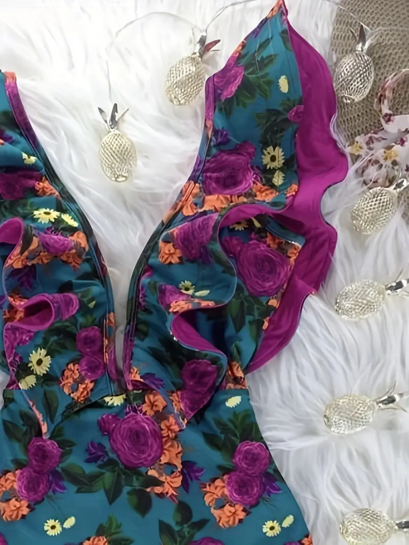 Ruffle Trim Floral Print Deep V Neck One Piece Swimsuit High Cut