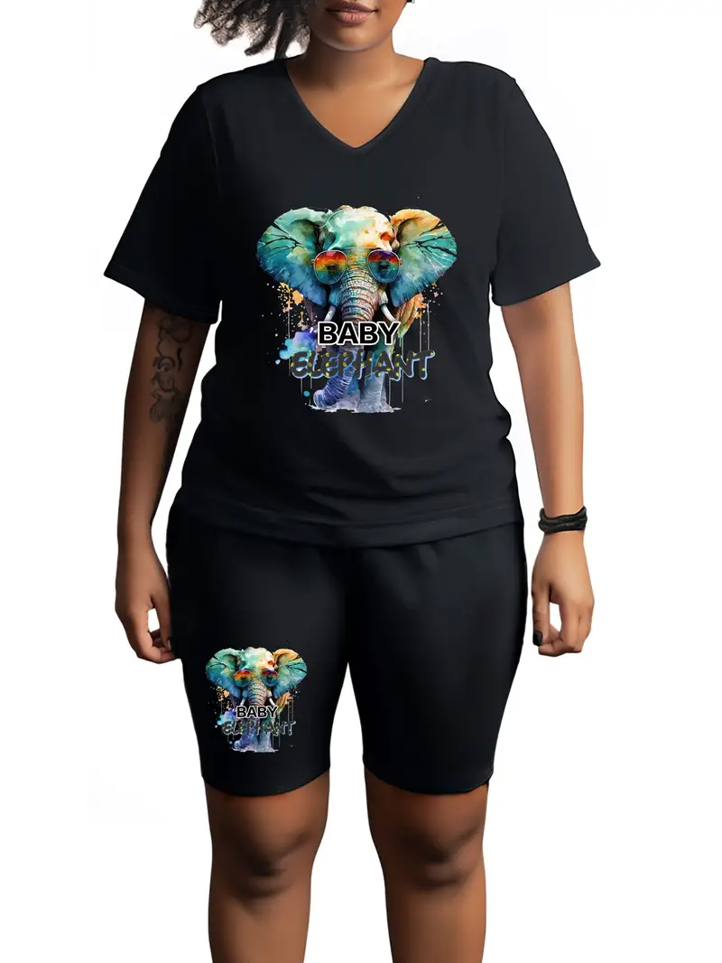 Plus Size Elephant Print Two Piece Set V Neck Short Sleeve Temu New