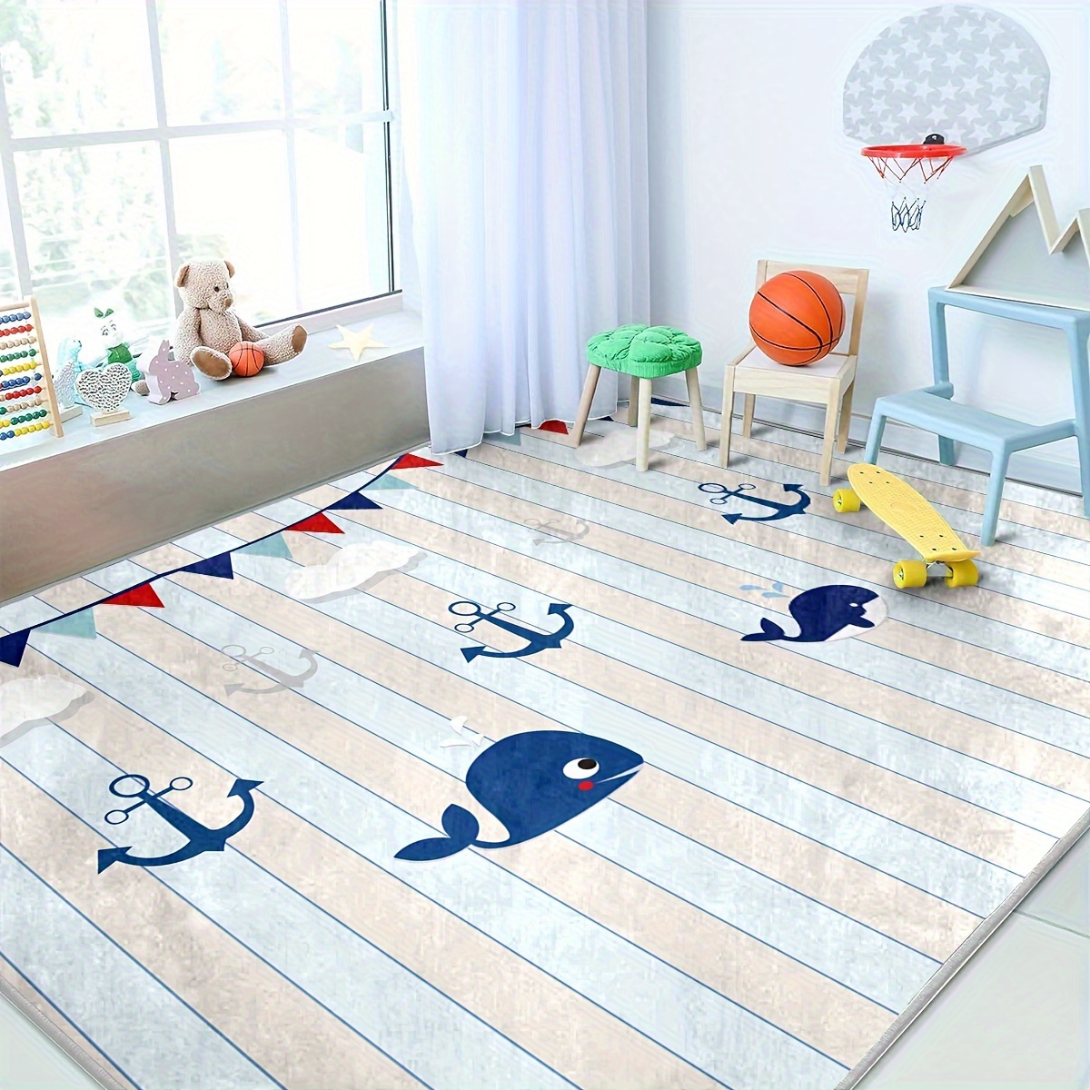 Warm Striped Nursery Rug, Dolphin Motif Children Crawling Carpet, Funny ...