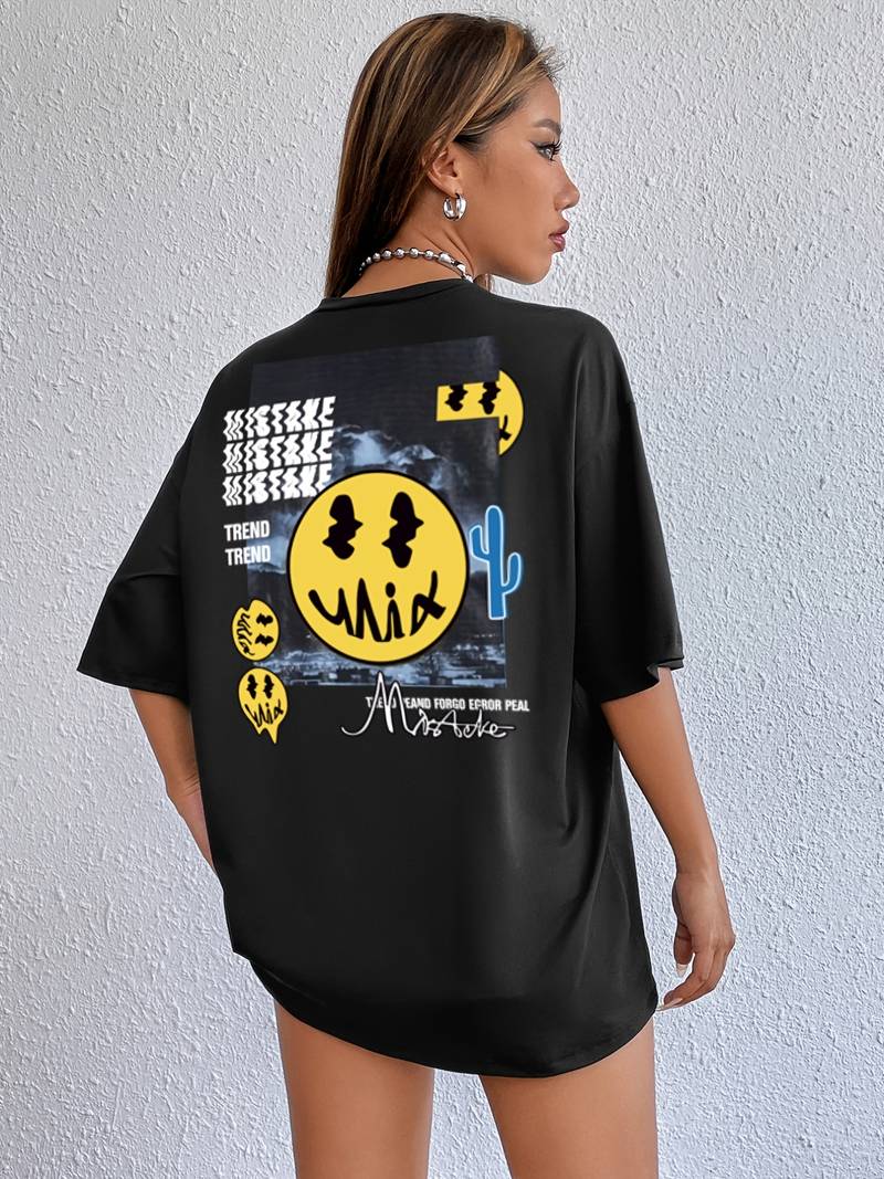 Face And Letters Graphic Pullover Tee Shirt Short Sleeve Casual Every