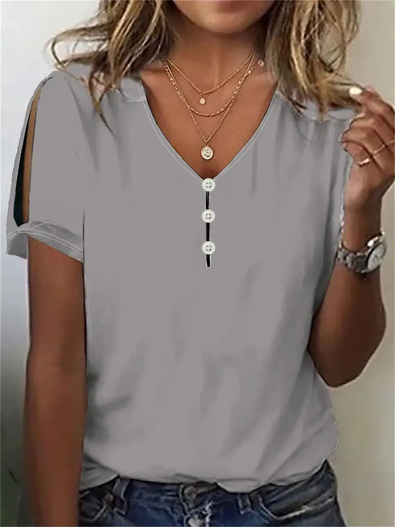 Solid Button Front T Shirt Casual Split Sleeve V Neck T Temu Philippines