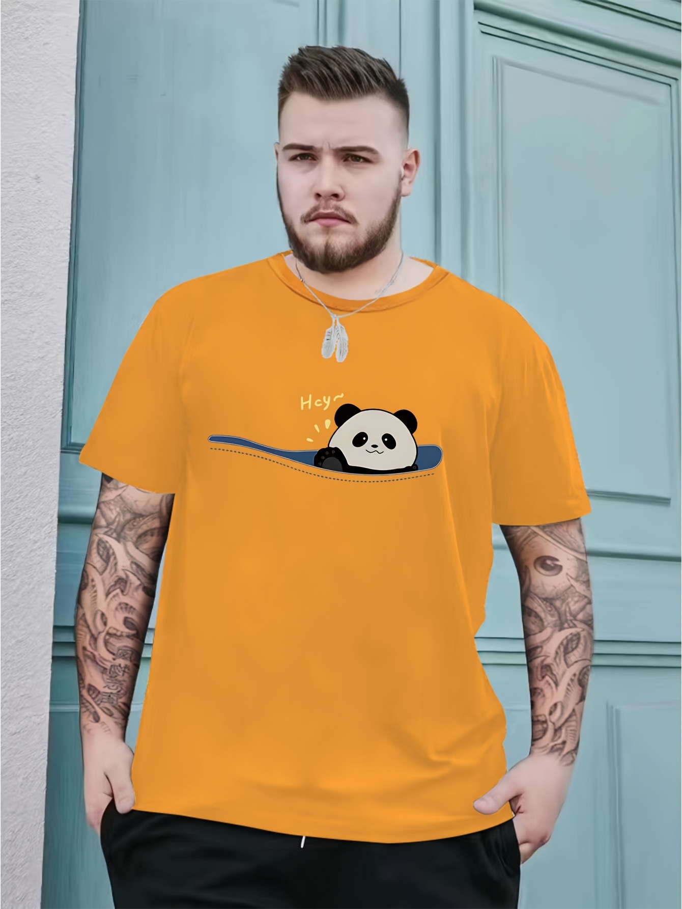 Plus Size Spoon Panda Cartoon Pattern Men's Creative Crew - Temu New ...