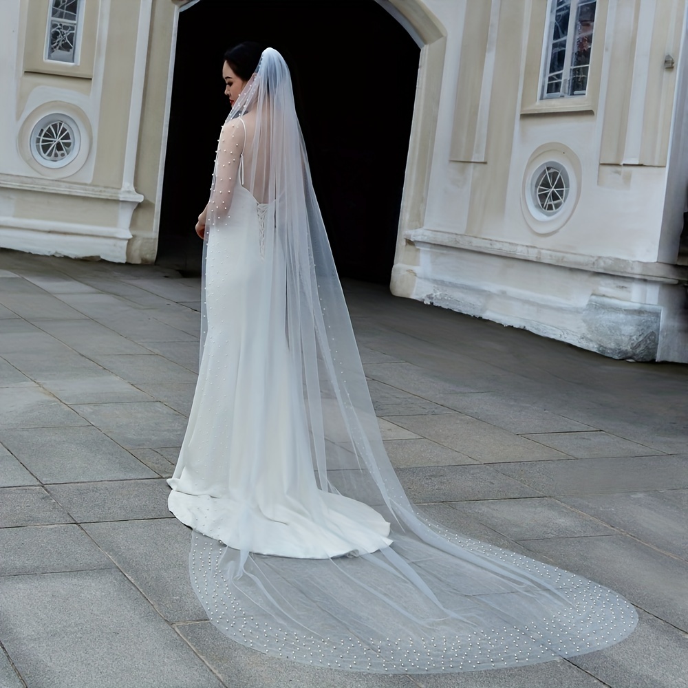 New Bridal Beaded Veil Wedding Mesh Headdress Simple Plain - Temu Australia