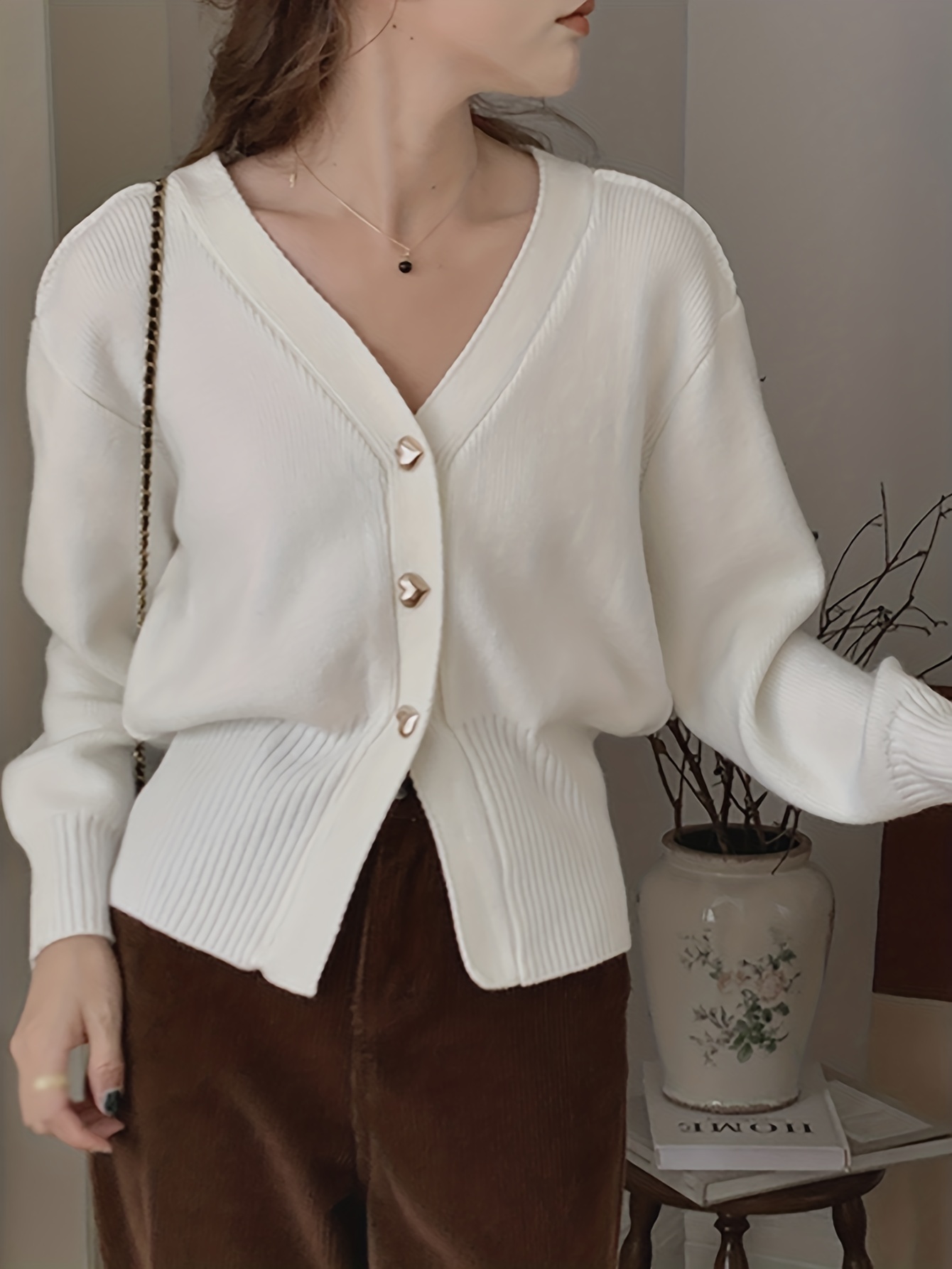 Solid Button Front Knit Cardigan Casual V Neck Long Sleeve - Temu Canada