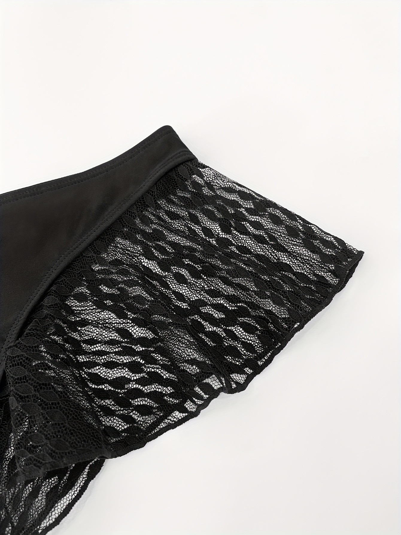 Ruffle Semi Sheer Mesh Swim Briefs Solid Black Stretchy - Temu