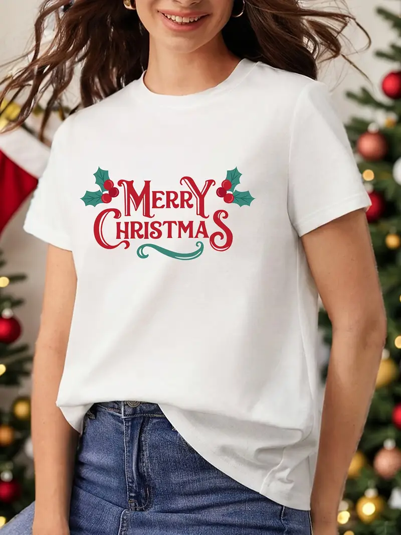 クリスマスレタープリントクルーネックtシャツ 春夏用のカジュアルな半袖tシャツ 女性用衣料品 Temu Japan