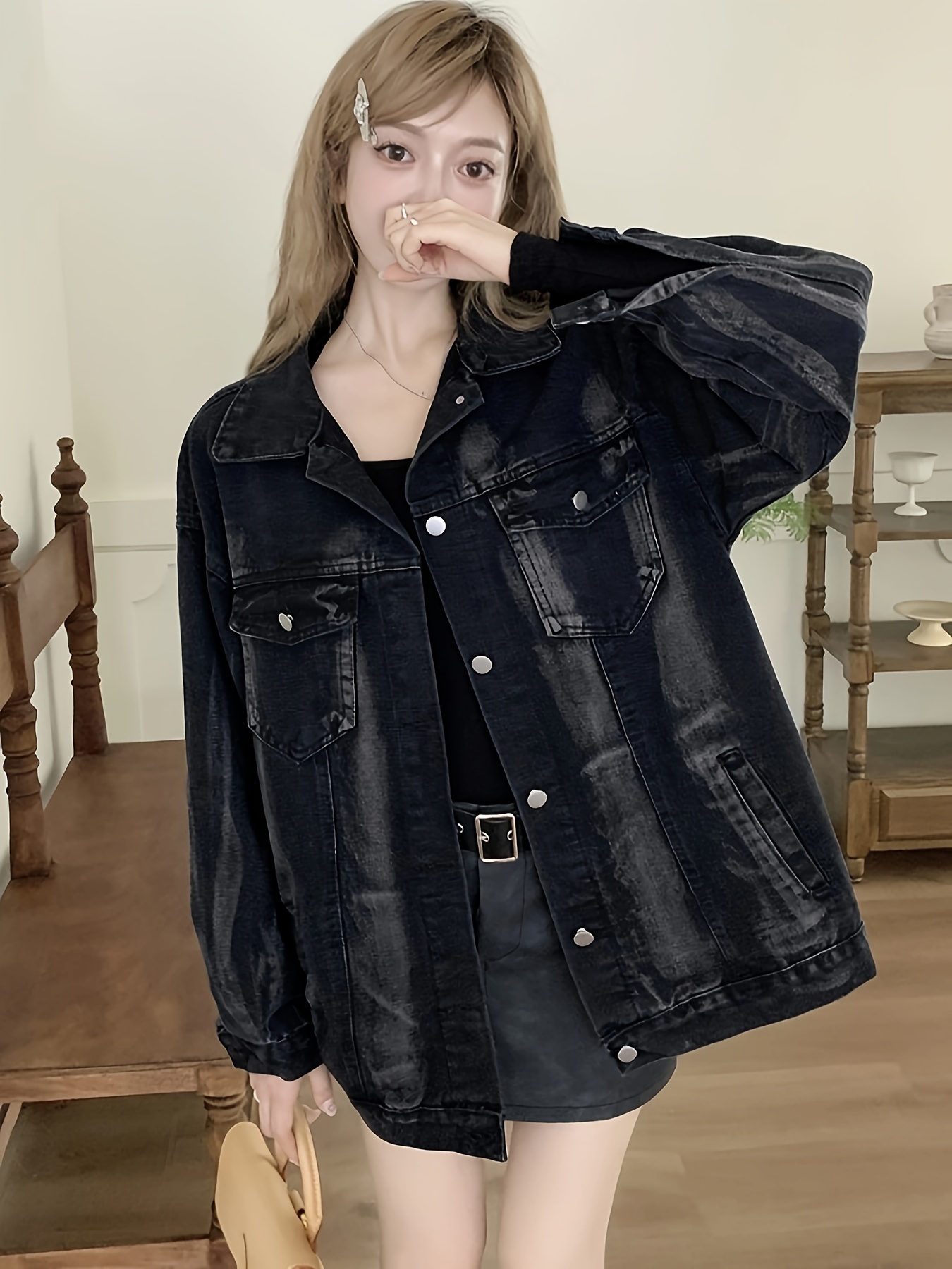 Lapel Neck Retro Denim Jacket Long Sleeve Loose Streetwear - Temu Australia