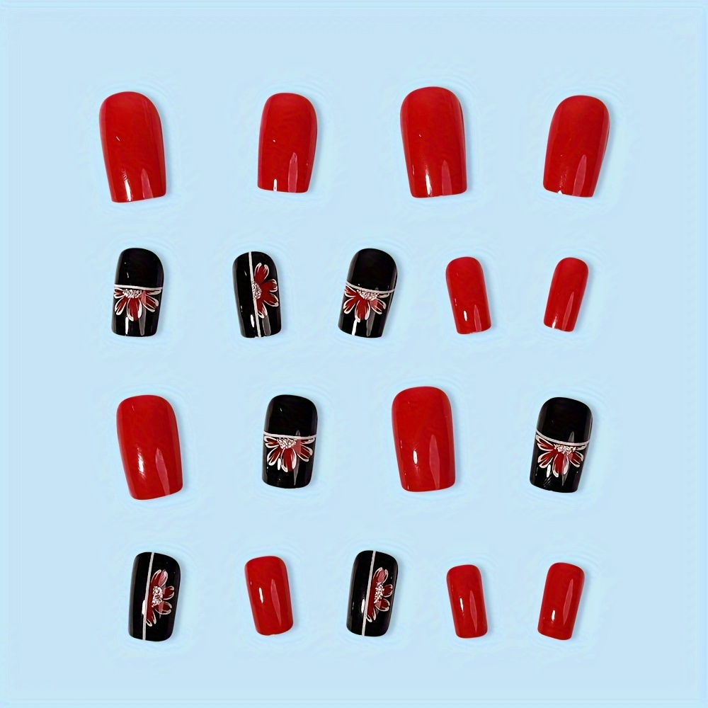 Glossy Black And Red Press On Nails Shimmer Fake Nails With - Temu