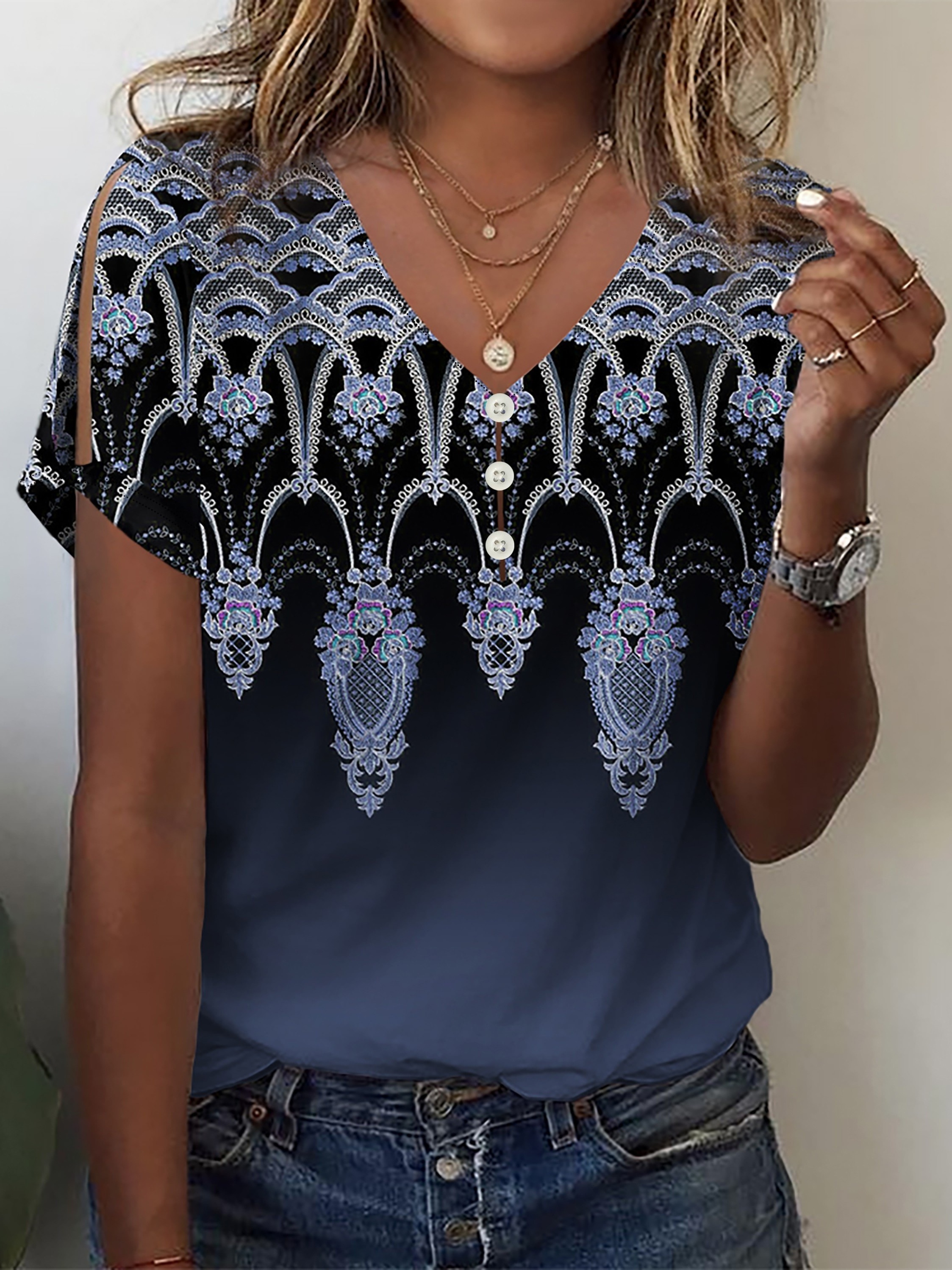 ルプリントvネックtシャツ 春夏用のカジュ アウトショートスリーブトップ 女性用衣料品 Temu Japan