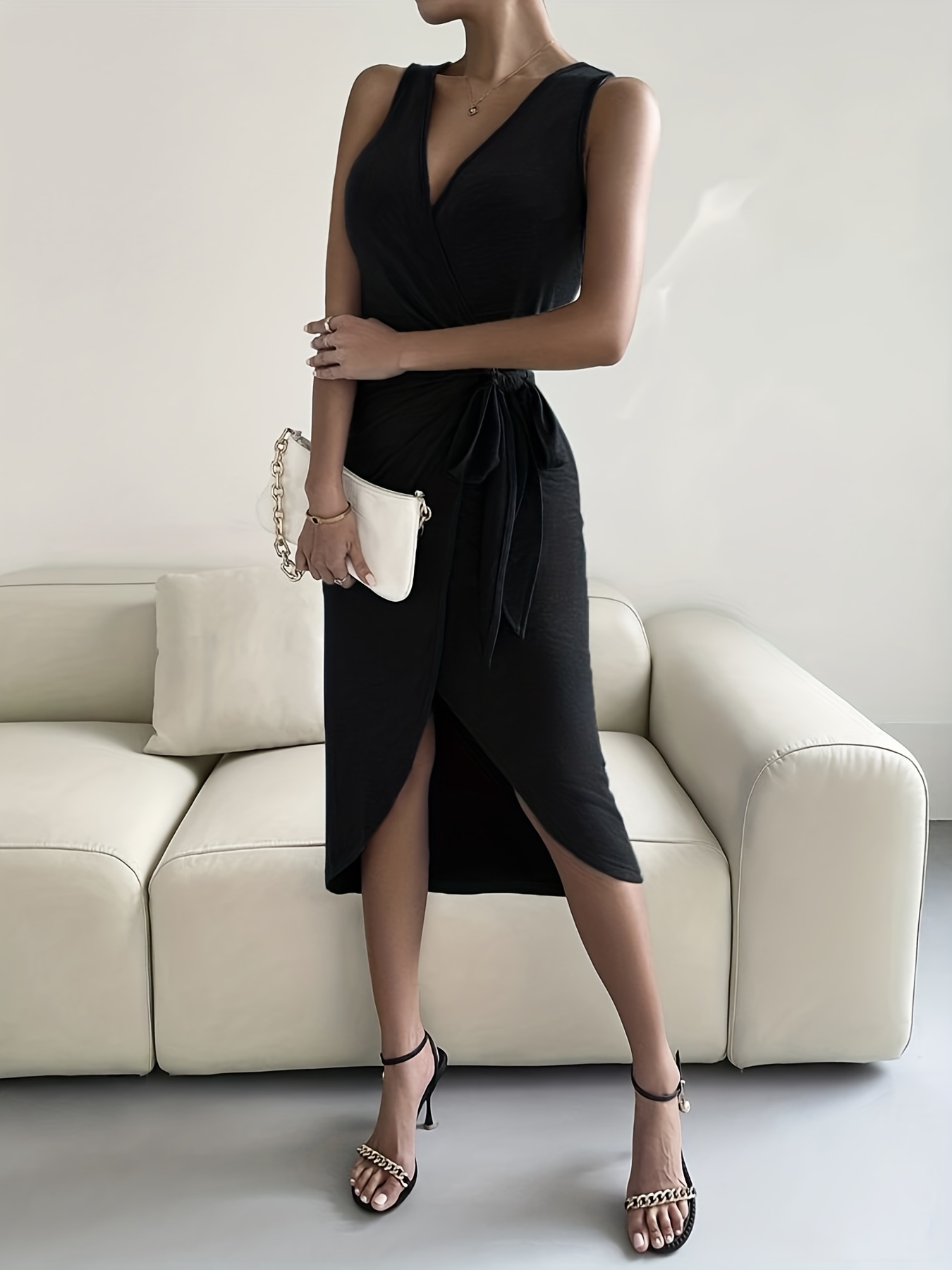 Solid Knotted Wrap Dress Elegant V Neck Sleeveless Dress - Temu Norway