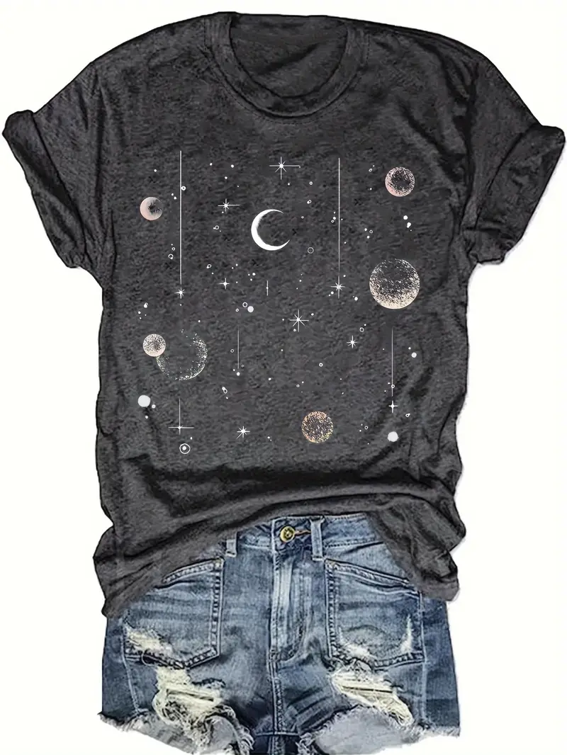 Moon Print Crew Neck T Shirt Casual Short Sleeve T Shirt Temu Ireland