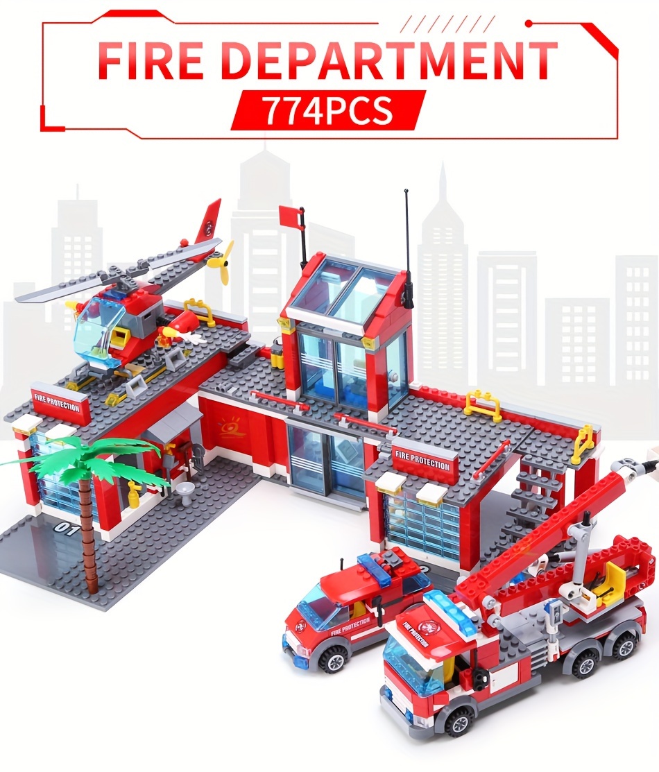 City Fire Station Model Building Blocks, Firefighter Truck Helicopter ...