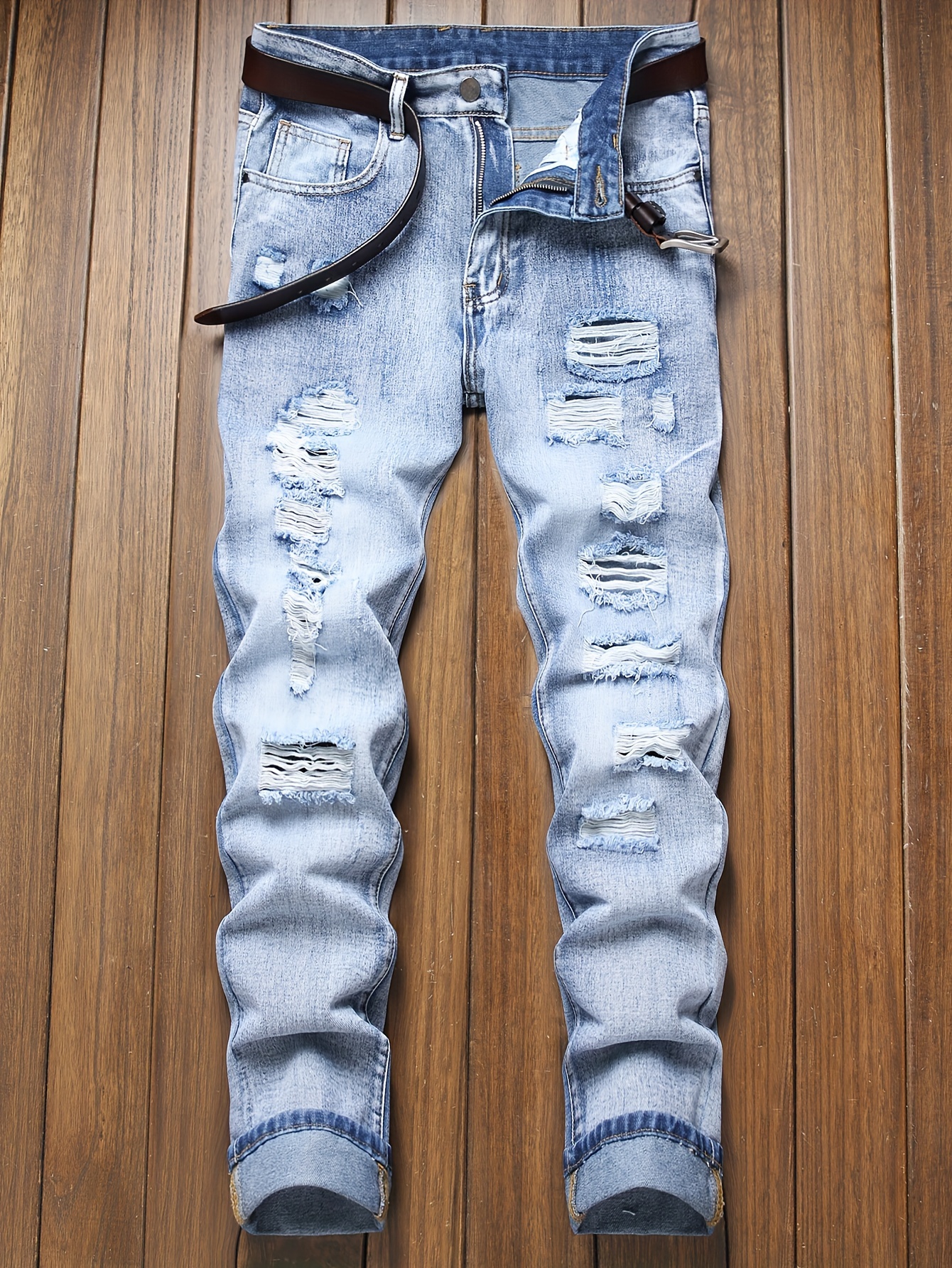 Men's Casual Ripped Jeans Chic Street Style Straight Leg - Temu Australia