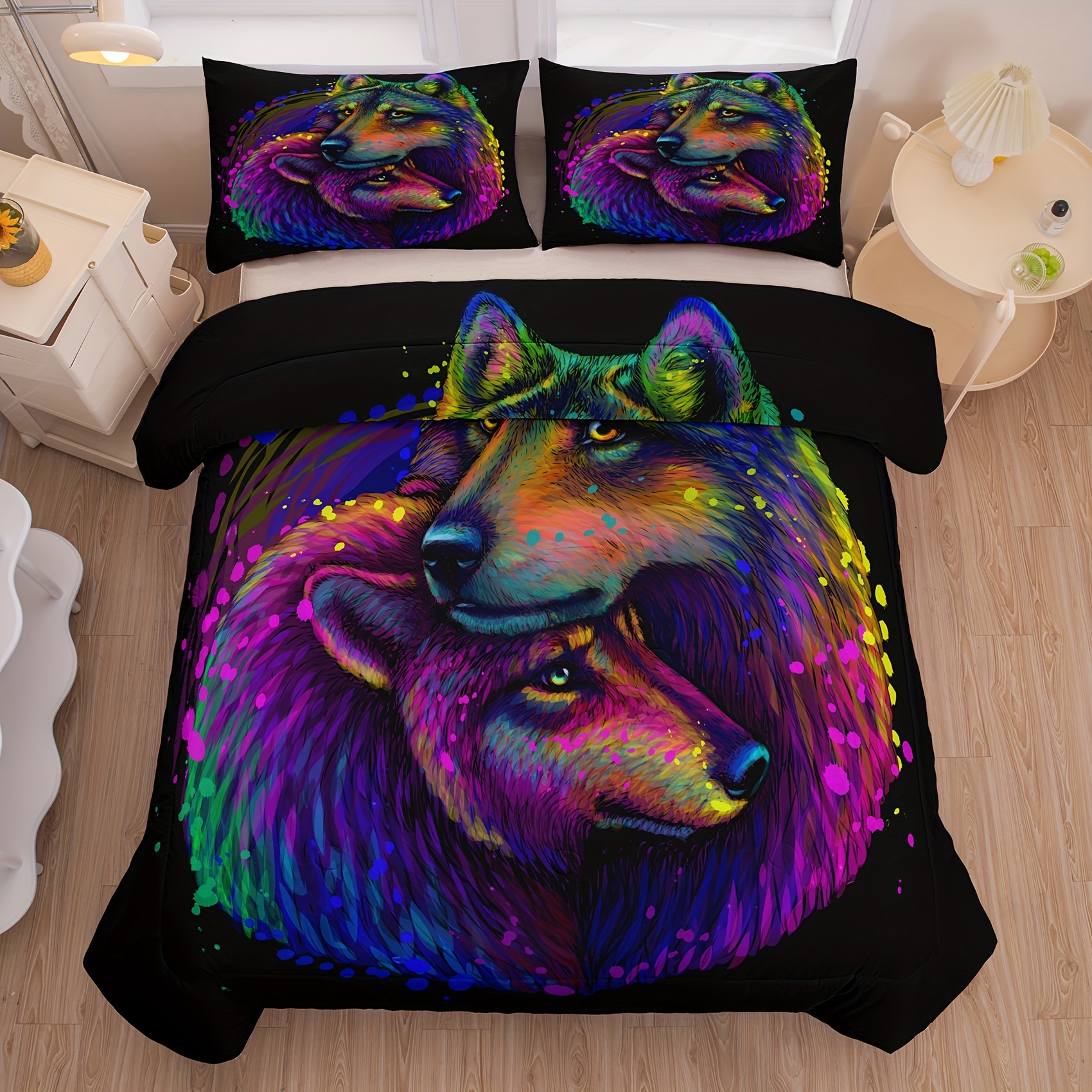 Modern Fashion Comforter Set Wolf Print Bedding Set Soft - Temu Australia