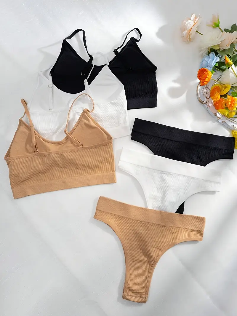 Solid Ribbed Bra Panties Padded Bra Thong Lingerie Set Temu Australia