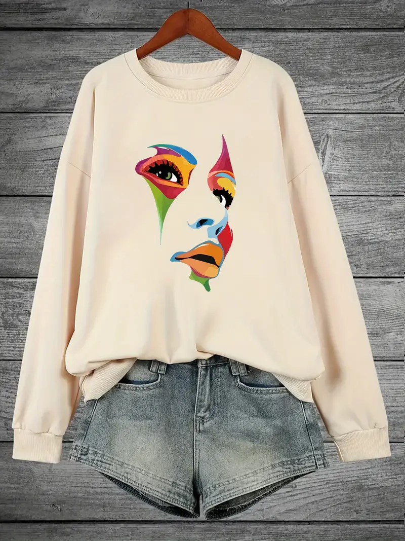 Plus Size Colorblock Face Print Sweatshirt Casual Long Temu Denmark
