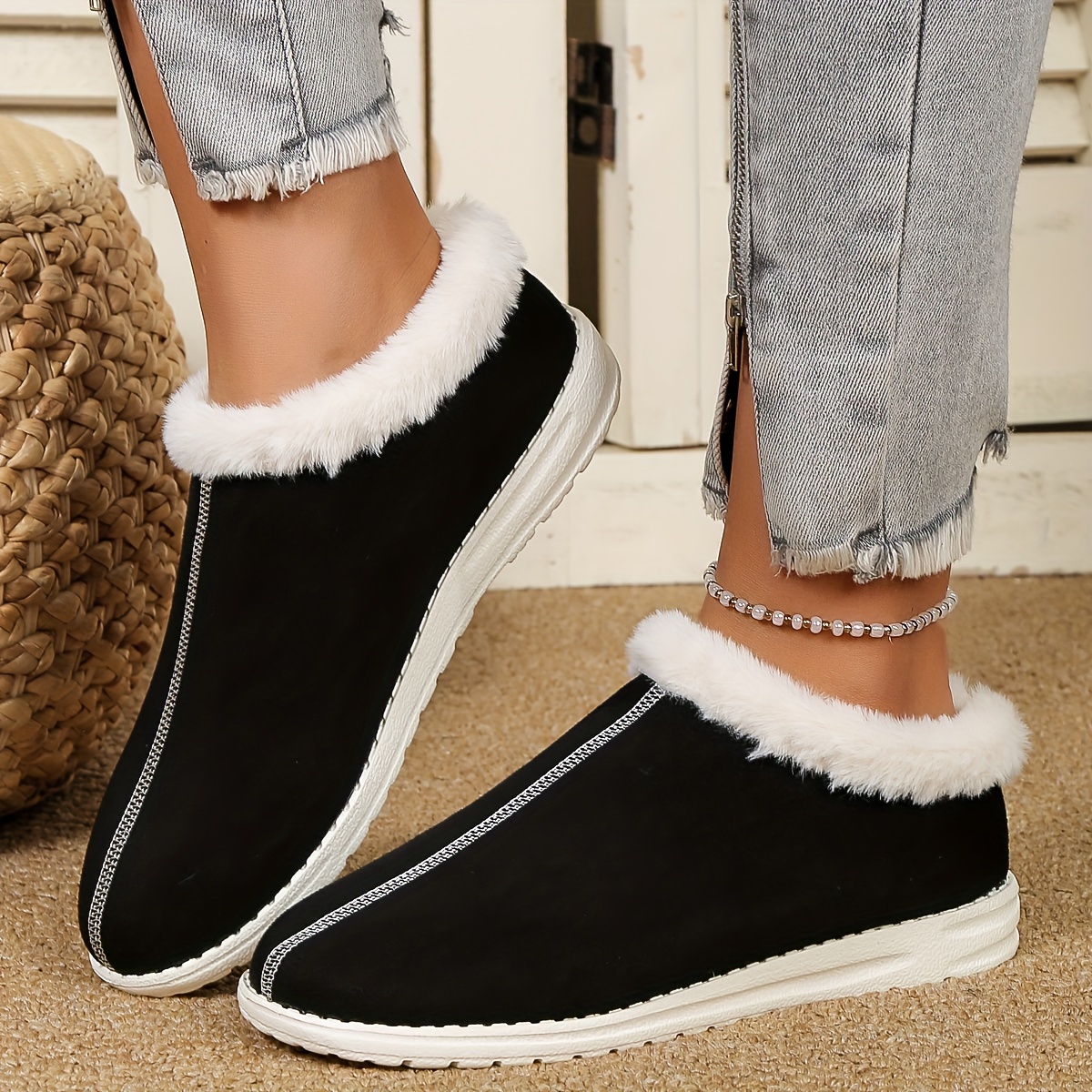 Solid Color Flat Slippers Casual Slip Plush Lined Shoes - Temu United ...