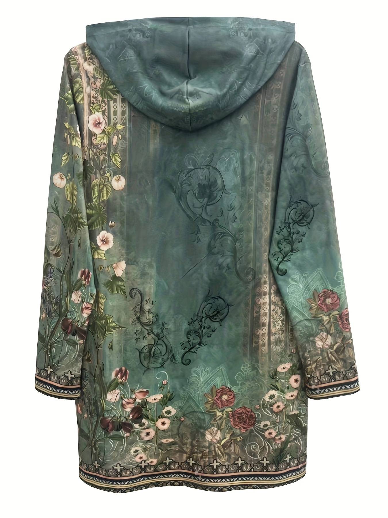 Floral Print Zip Hooded Cardigan Casual Long Sleeve Loose - Temu