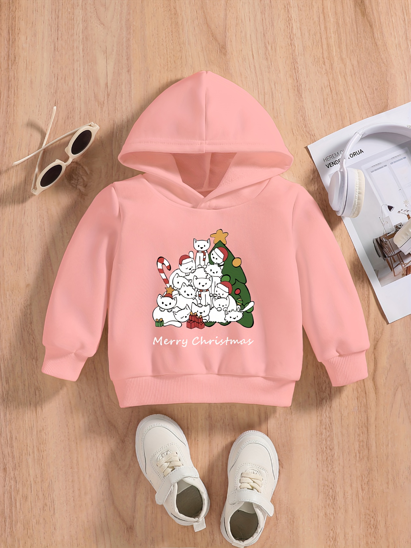 Kitty Groups Print Jule pige hættetrøje Afslappet Alsidig - Temu Denmark