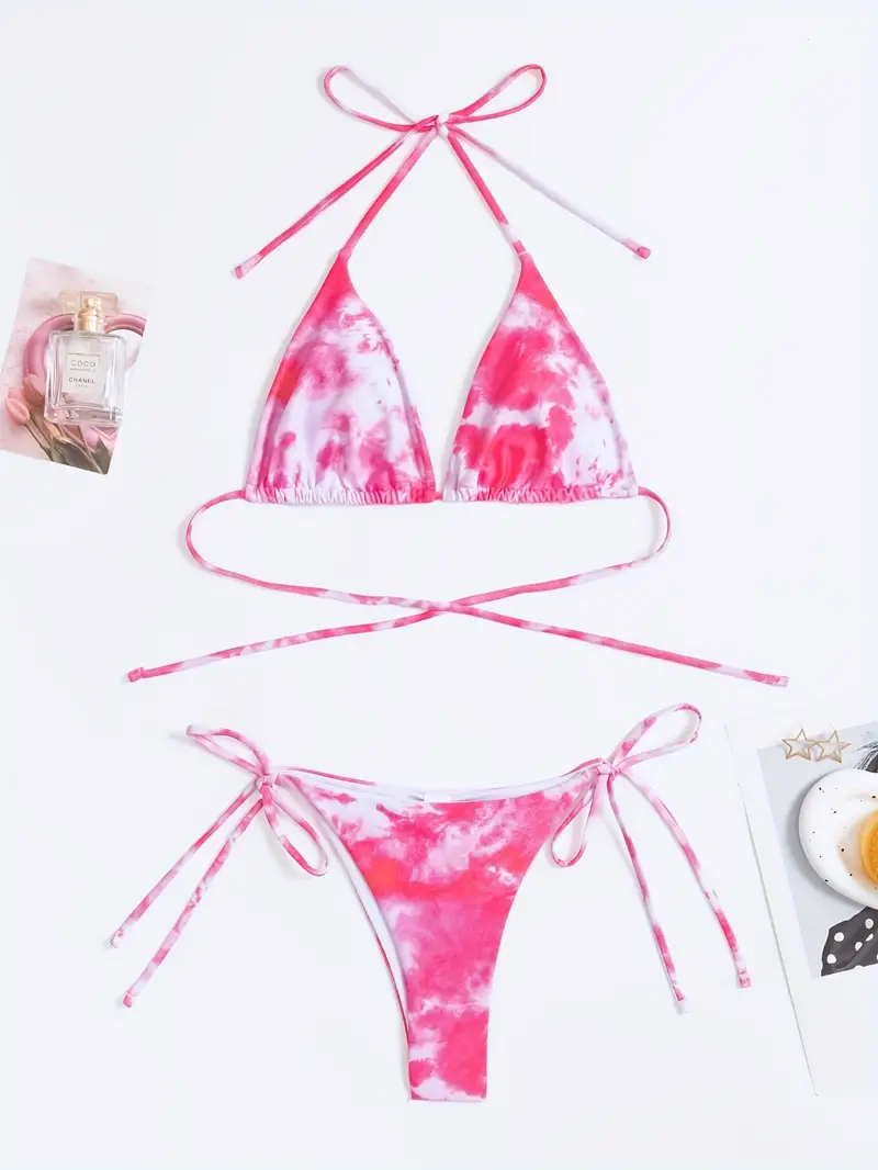 タイダイプリントホルタークリスクロス2点セットビキニ タイストラップバックレス 水着 レディース水着 衣類 Temu Japan