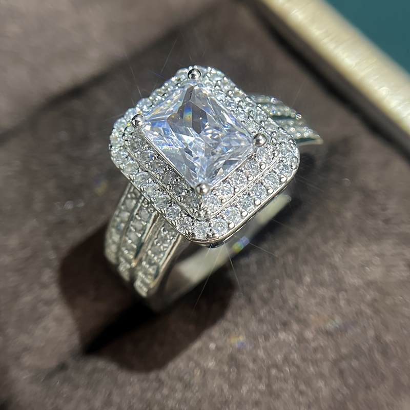 Classy Promise Ring Silver Plated Inlaid Rectangular Zirconia Wide Band ...