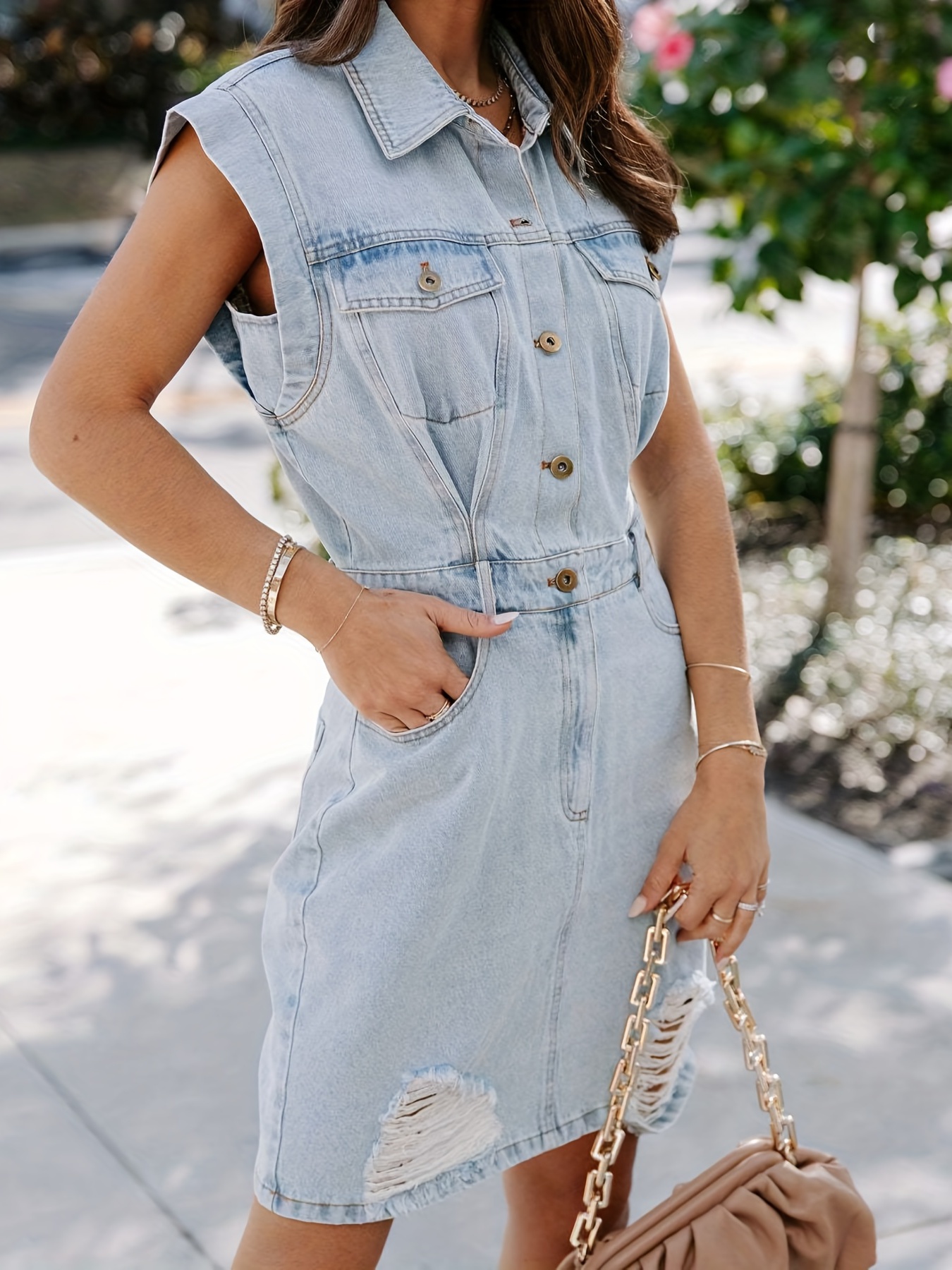 Blue Ripped Holes Denim Dress Sleeveless Single breasted - Temu Australia