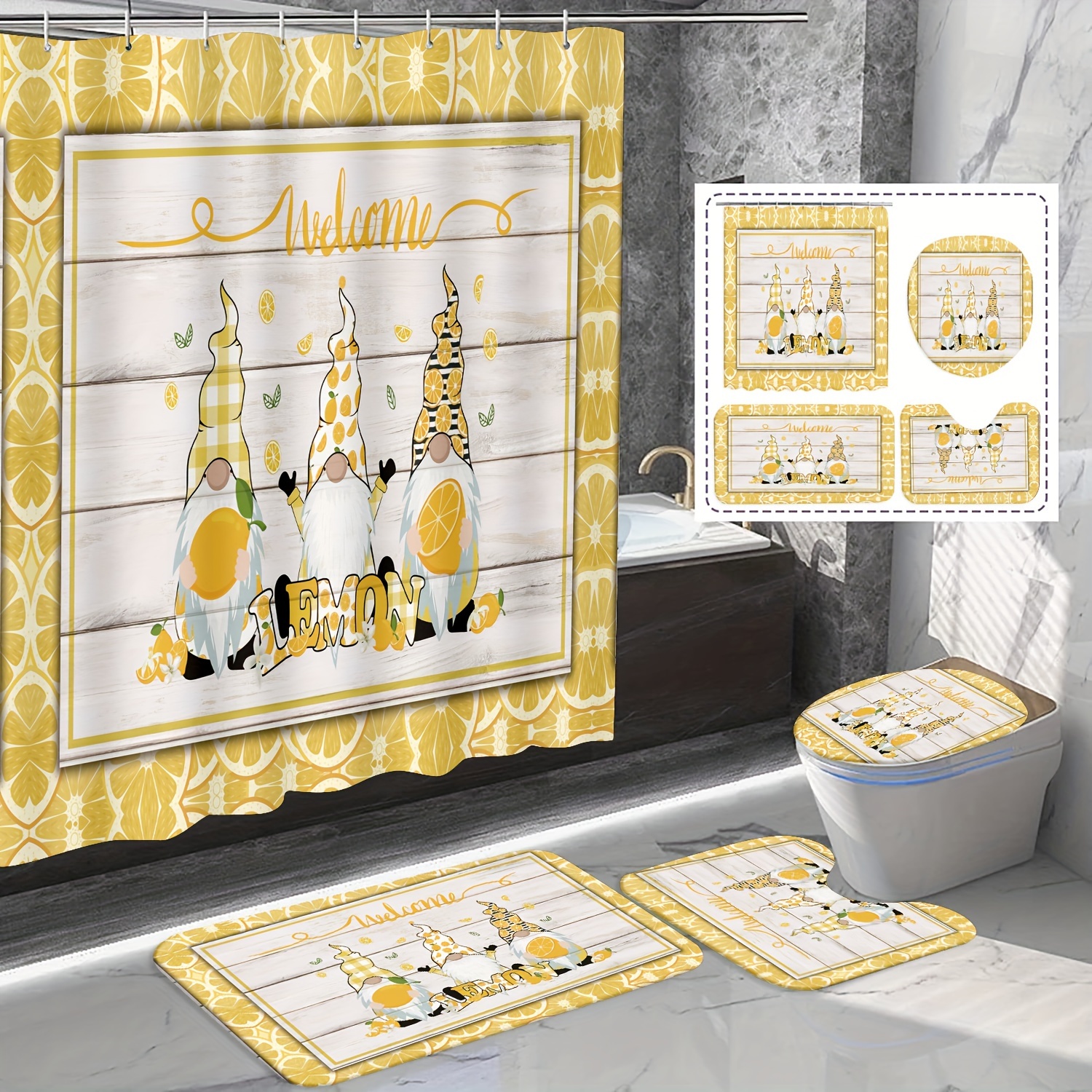 Shower Curtain Set Lemon Gnomes Printed Waterproof Bathroom - Temu Canada