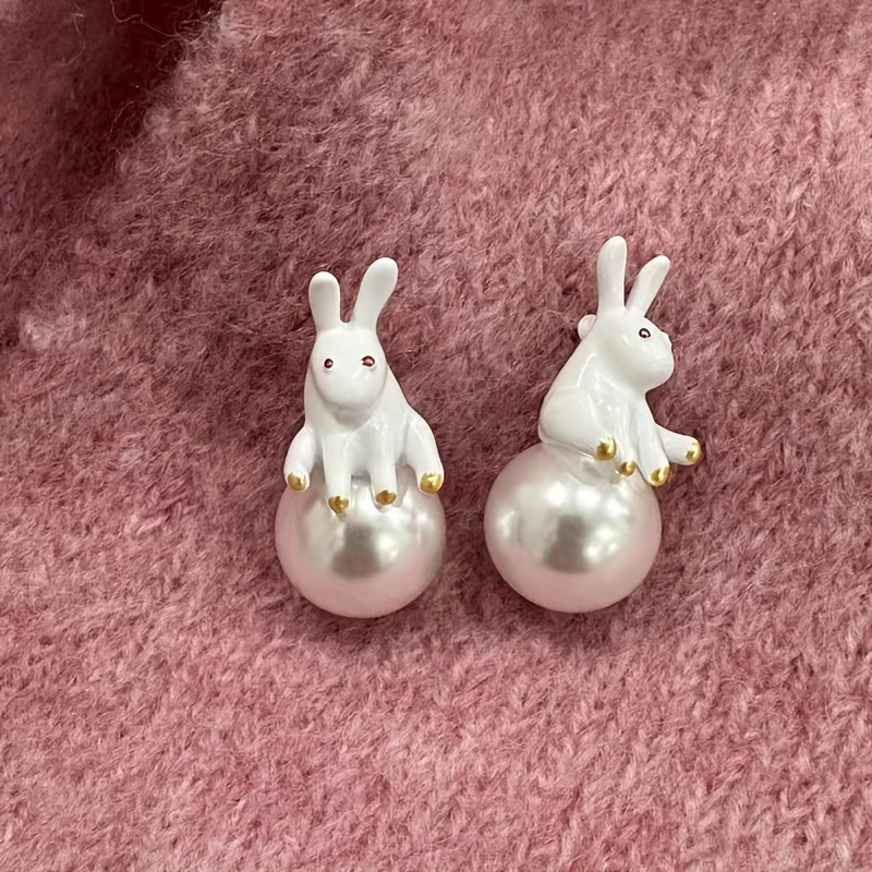 Bunny Jumping~cute Jade Rabbit Pearl Stud Earrings Niche - Temu United ...