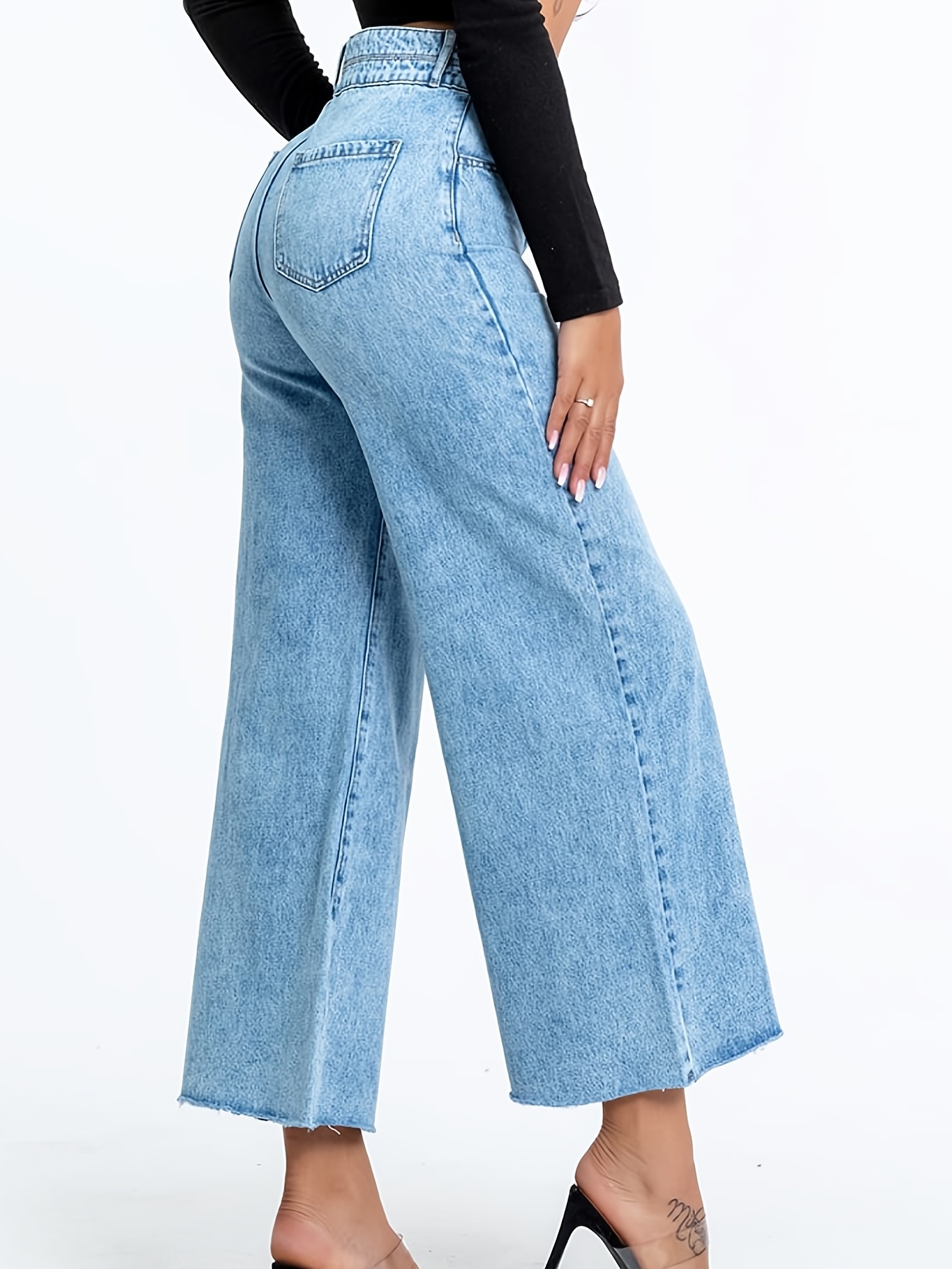 Blue Hem Straight Jeans Loose Fit High Waist Slash - Temu Netherlands