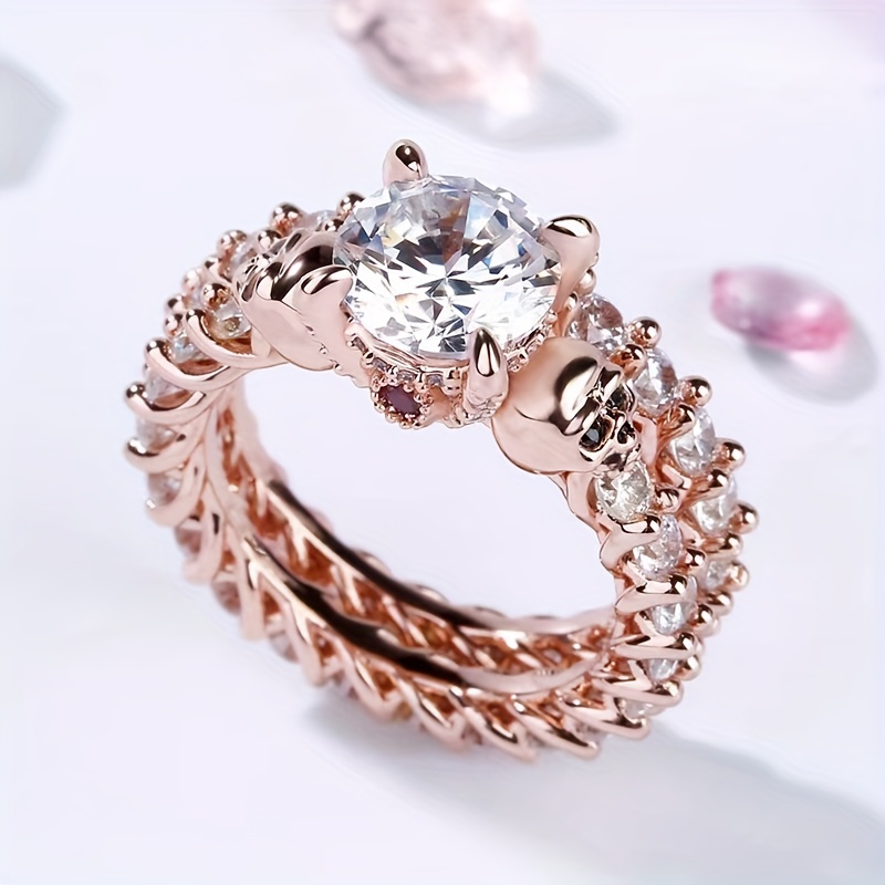 Rose Golden Cubic Zirconia Skull Head Ring Men's Engagement - Temu ...