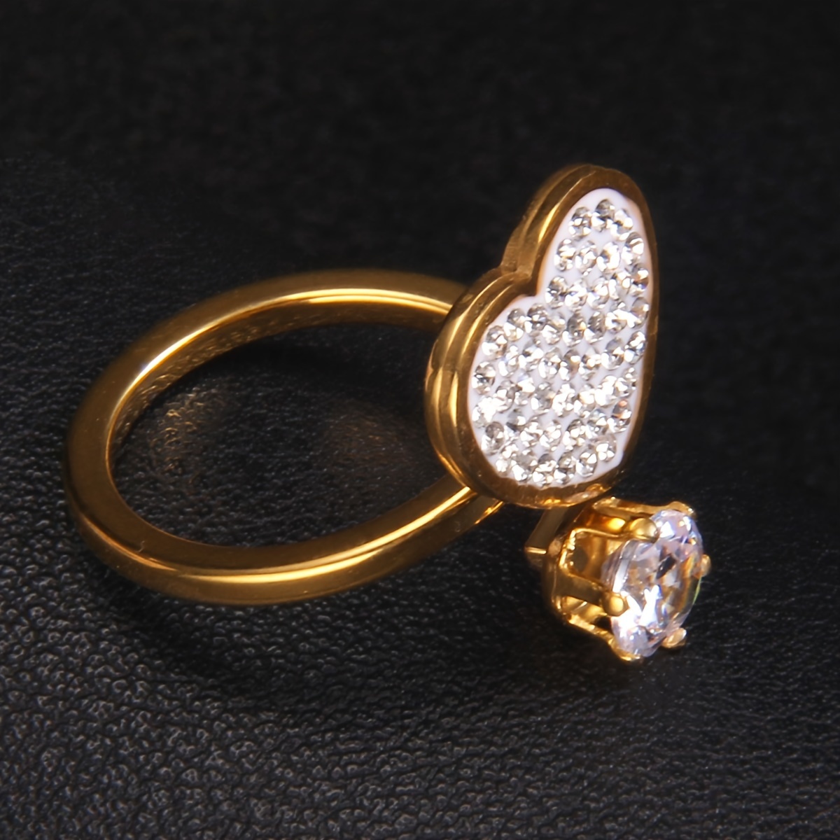 Golden Stainless Steel Rhinestone Heart Shaped Ring, Couple Ring ...