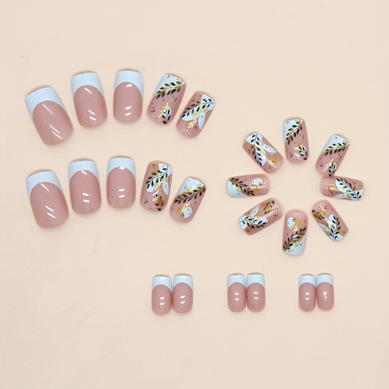 Blue French Tip Press Nails Nails Leaves Golden Foil - Temu Australia