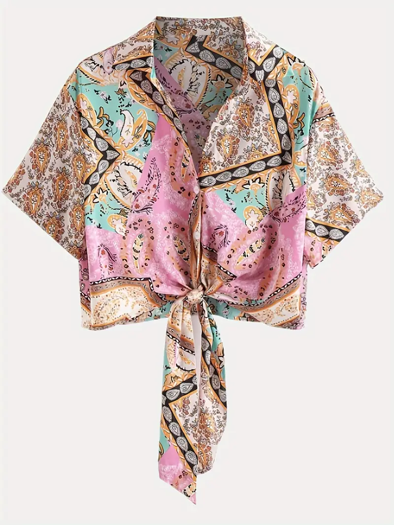 プリントタイフロントボタン ブラウス カジュアル半袖ブラウス 春夏用 婦人服 Temu Japan
