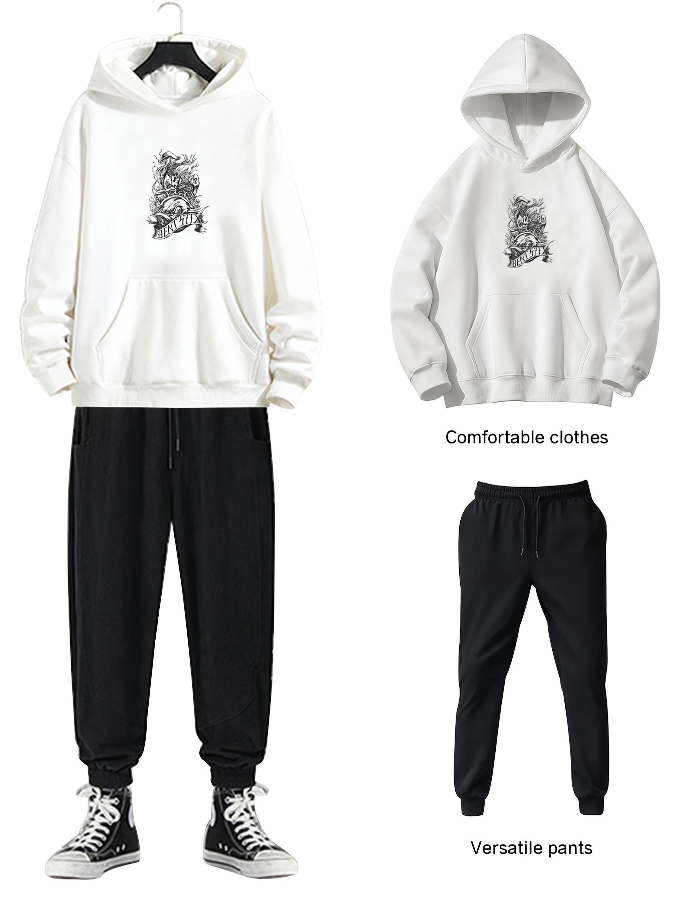 2pcs Men's Stylish Cartoon Print Fleece Pullover Hoodie + Sweatpants ...