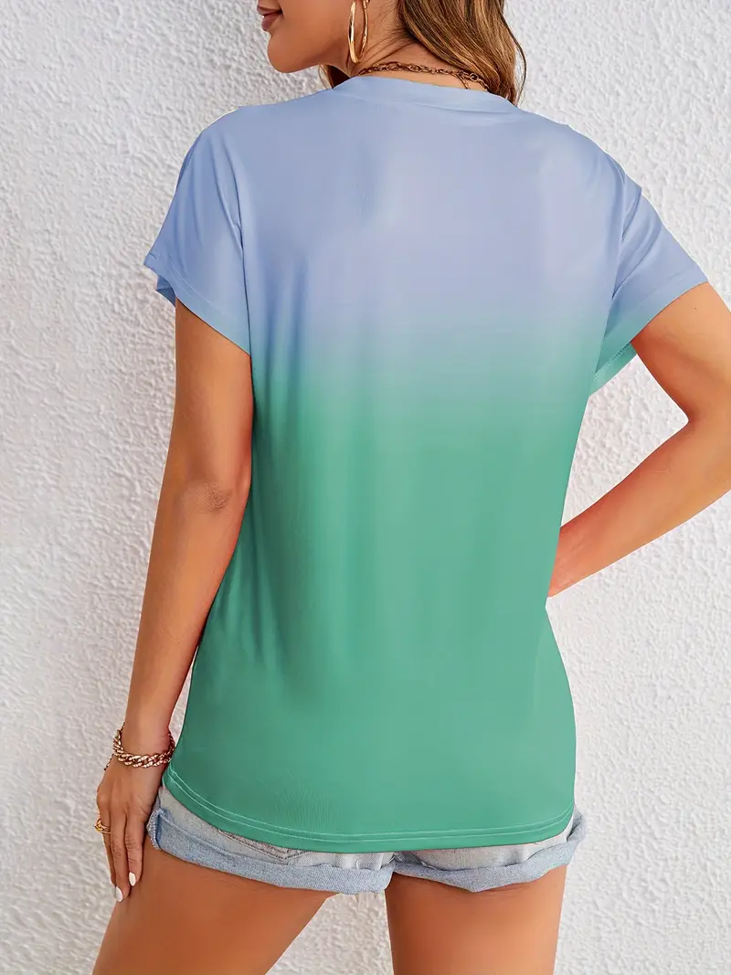 Gradient Button Front T Shirt Casual V Neck Short Sleeve Temu