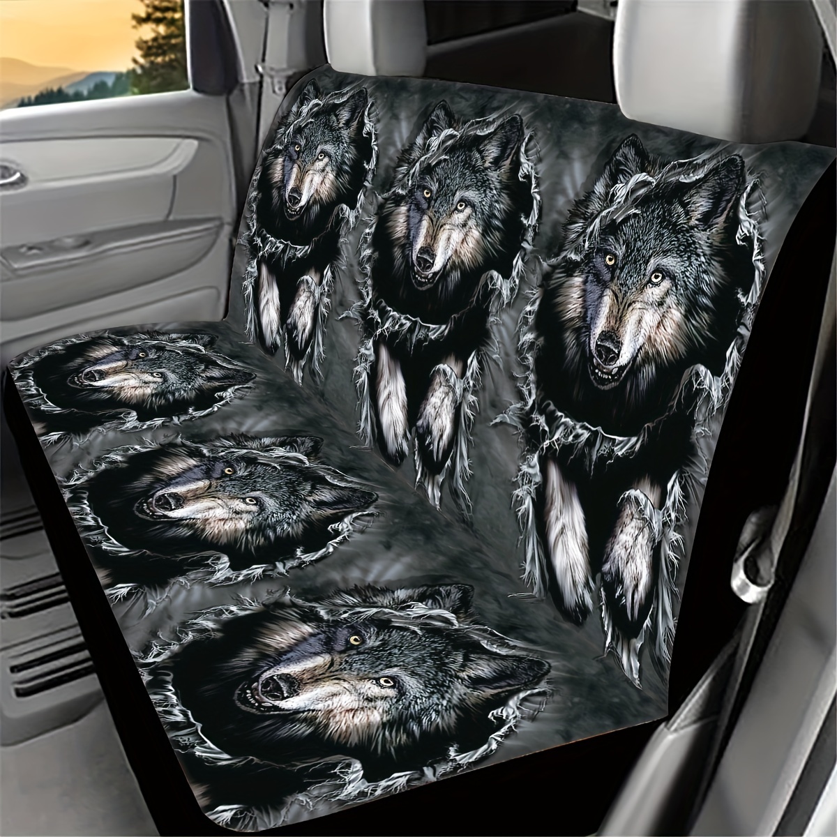 5 seater universal car seat cover with ripped denim and wolf print
