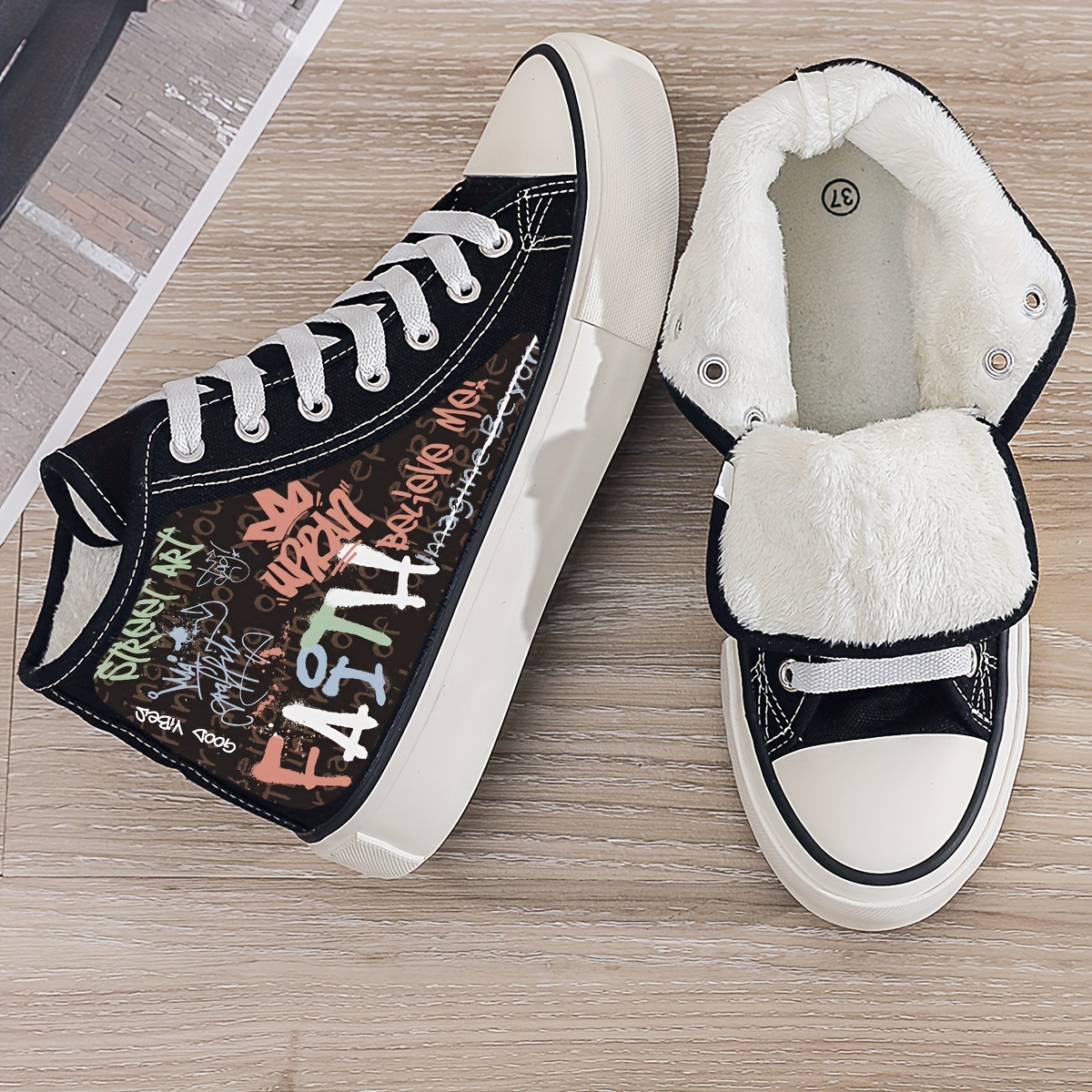 Faith Graffiti Print Trendy Plush Lined Thermal Chunky - Temu United ...