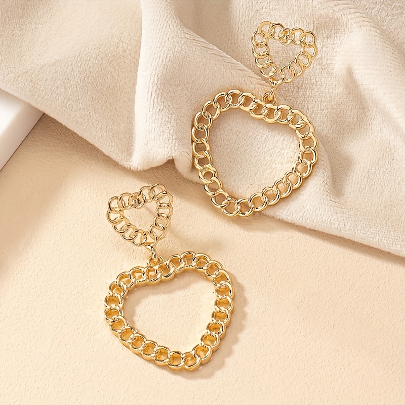 Golden Hollow Heart Chain Pattern Dangle Earrings Elegant - Temu United ...