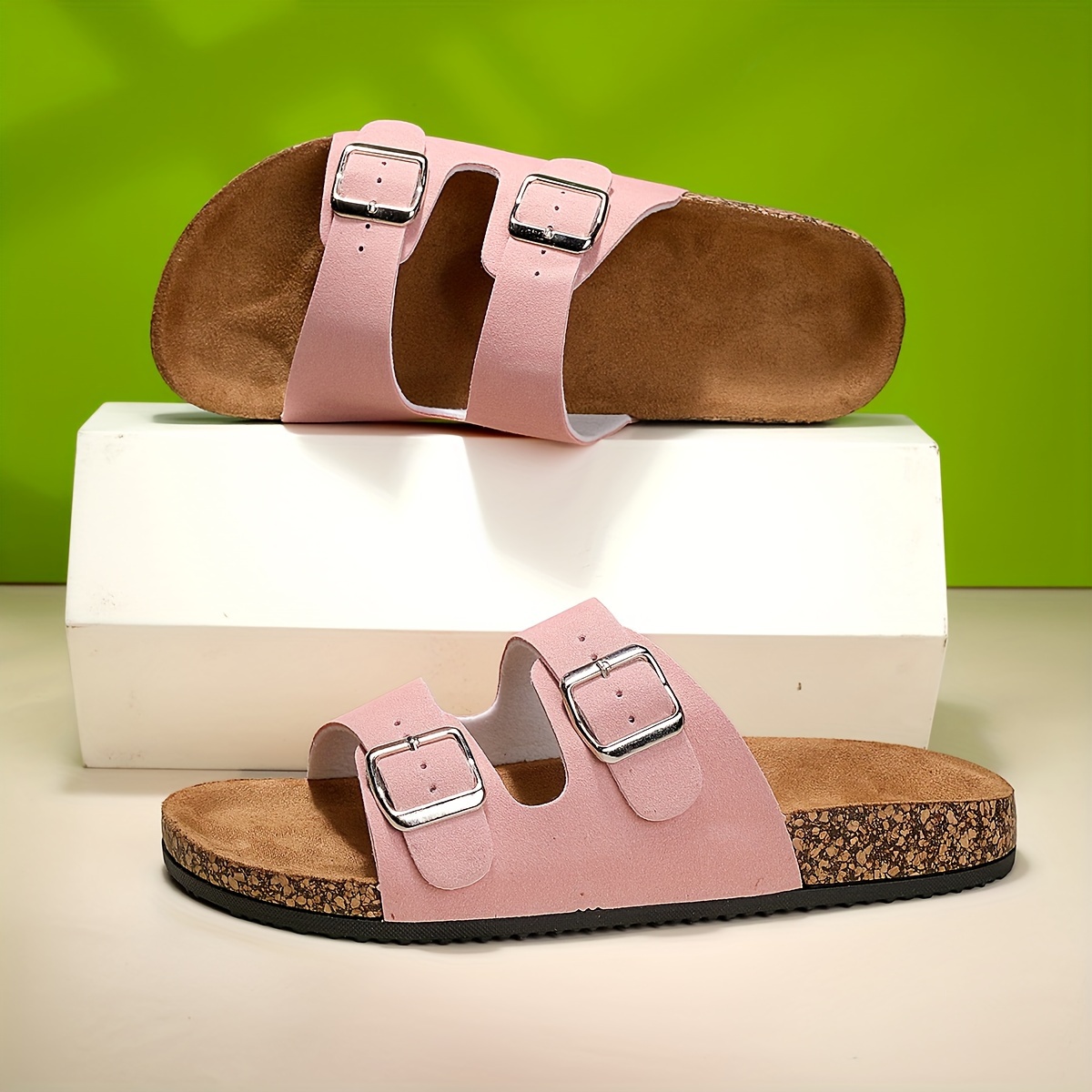 Slip Flat Shoes Women s Double Buckle Strap Cork Slides Open - Temu Canada