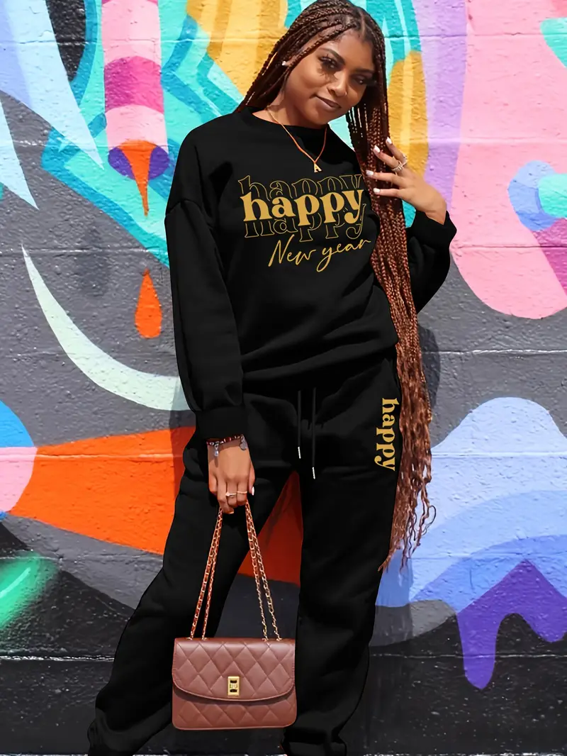 Plus Size Letter Print Two Piece Crew Neck Long Sleeve Temu Canada